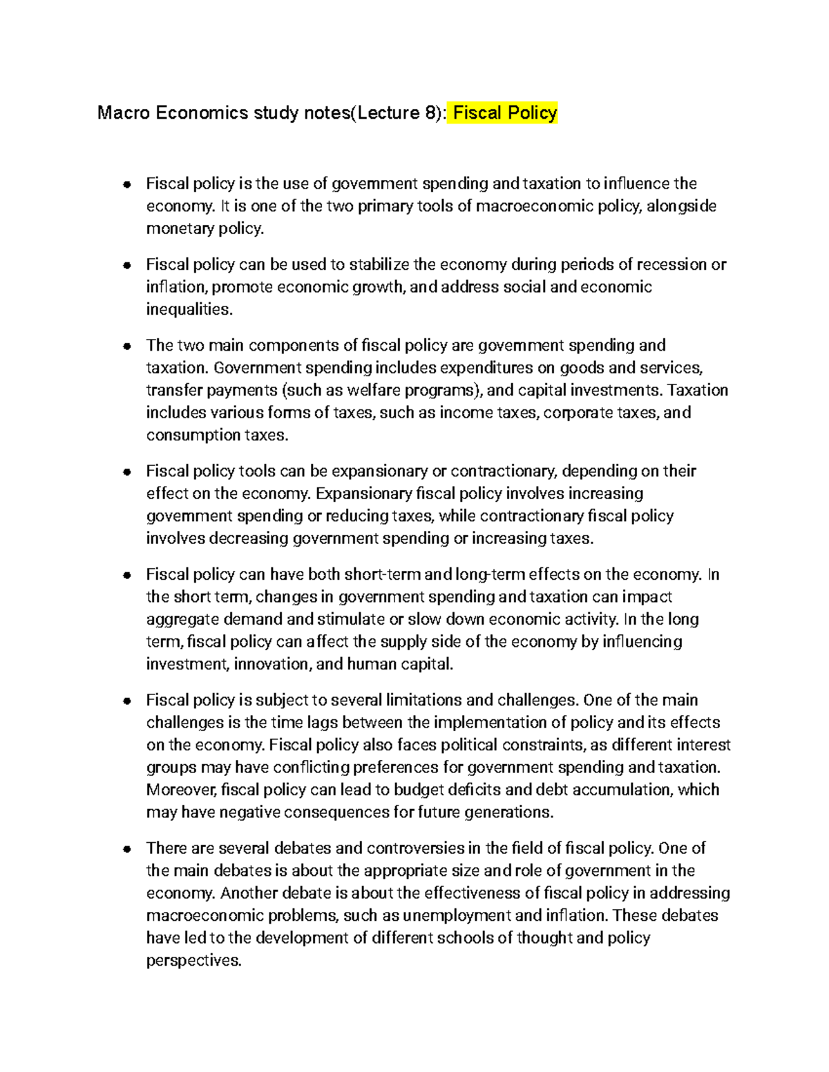 Macro Economics study notes(Lecture 8) Fiscal Policy - It is one of the ...