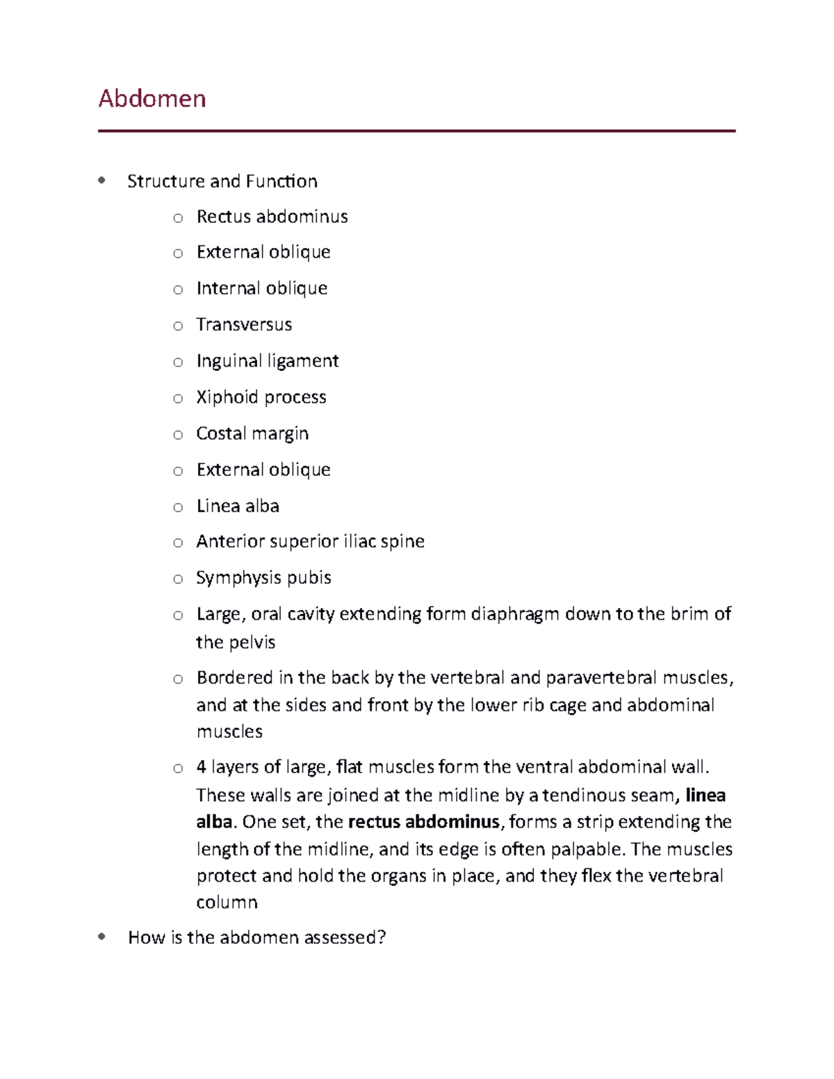 Abdomen Notes (Autosaved) - Abdomen Structure and Function o Rectus ...