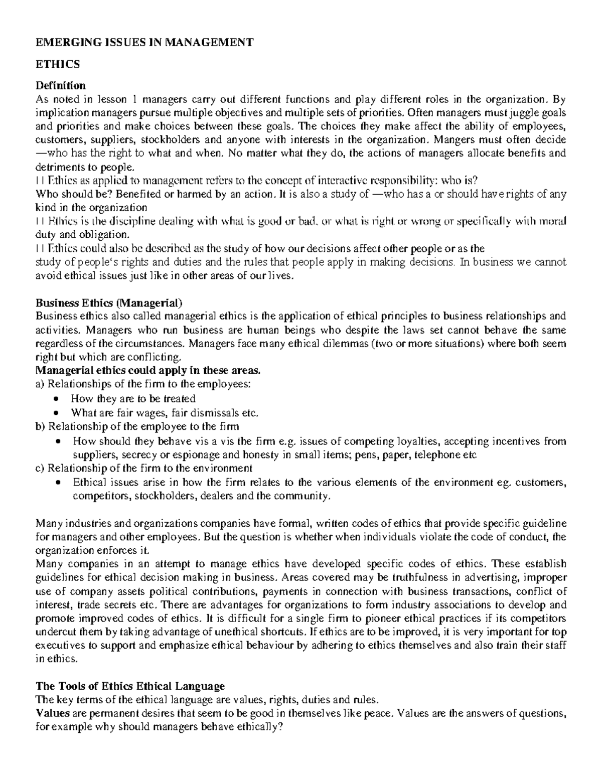 Emerging Issues IN Management-2 - EMERGING ISSUES IN MANAGEMENT ETHICS ...