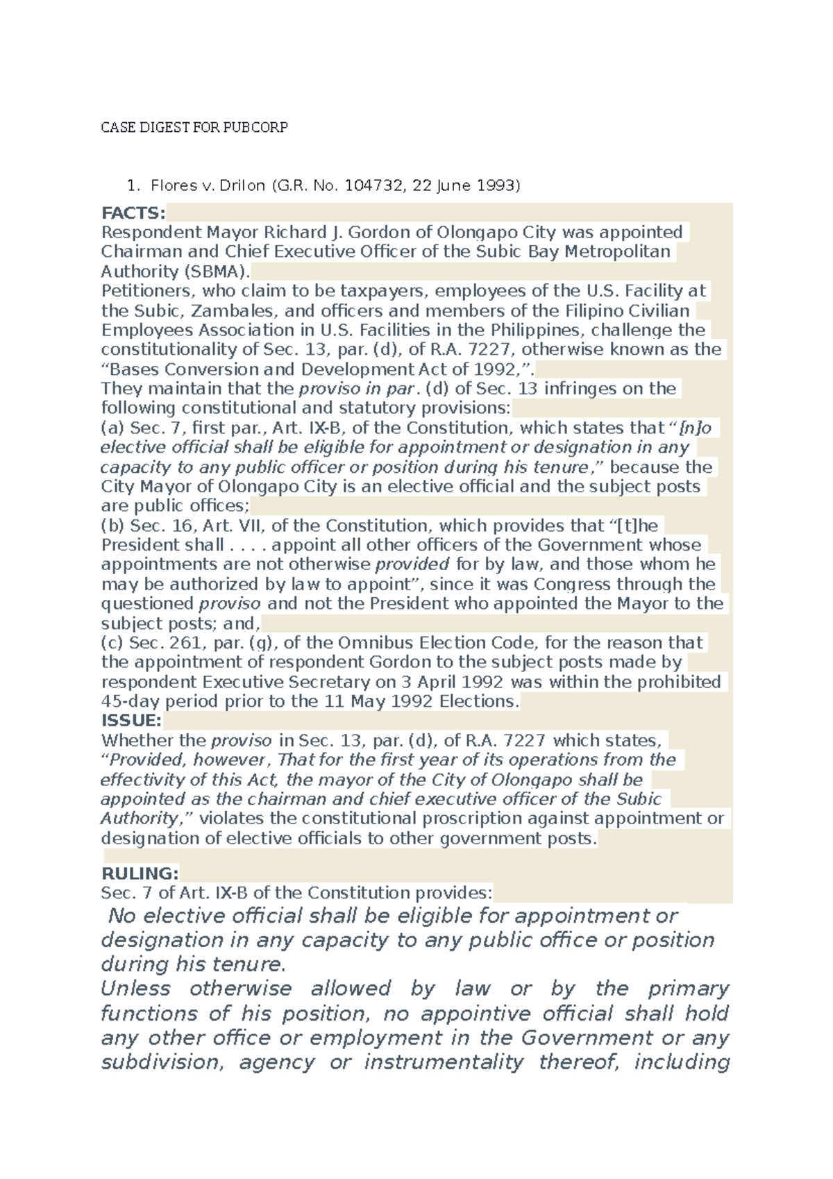 CD pubcorp finals - case digest - CASE DIGEST FOR PUBCORP 1. Flores v. Drilon (G. No. 104732, 22 ...