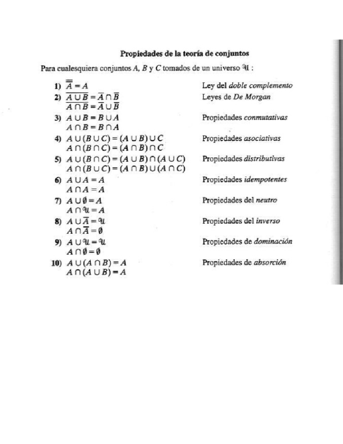 Formulas 1 - Matematicas Discreta - Propiedades de la teoría de conjuntos Para cualesquiera ...