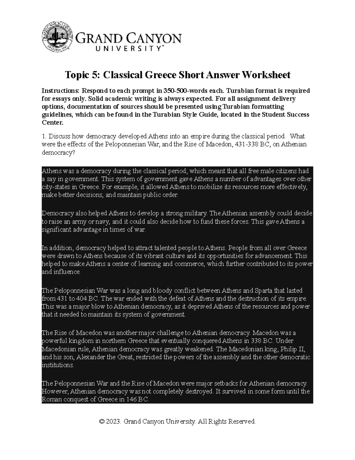 Classical Greece Worksheet - Topic 5: Classical Greece Short Answer ...