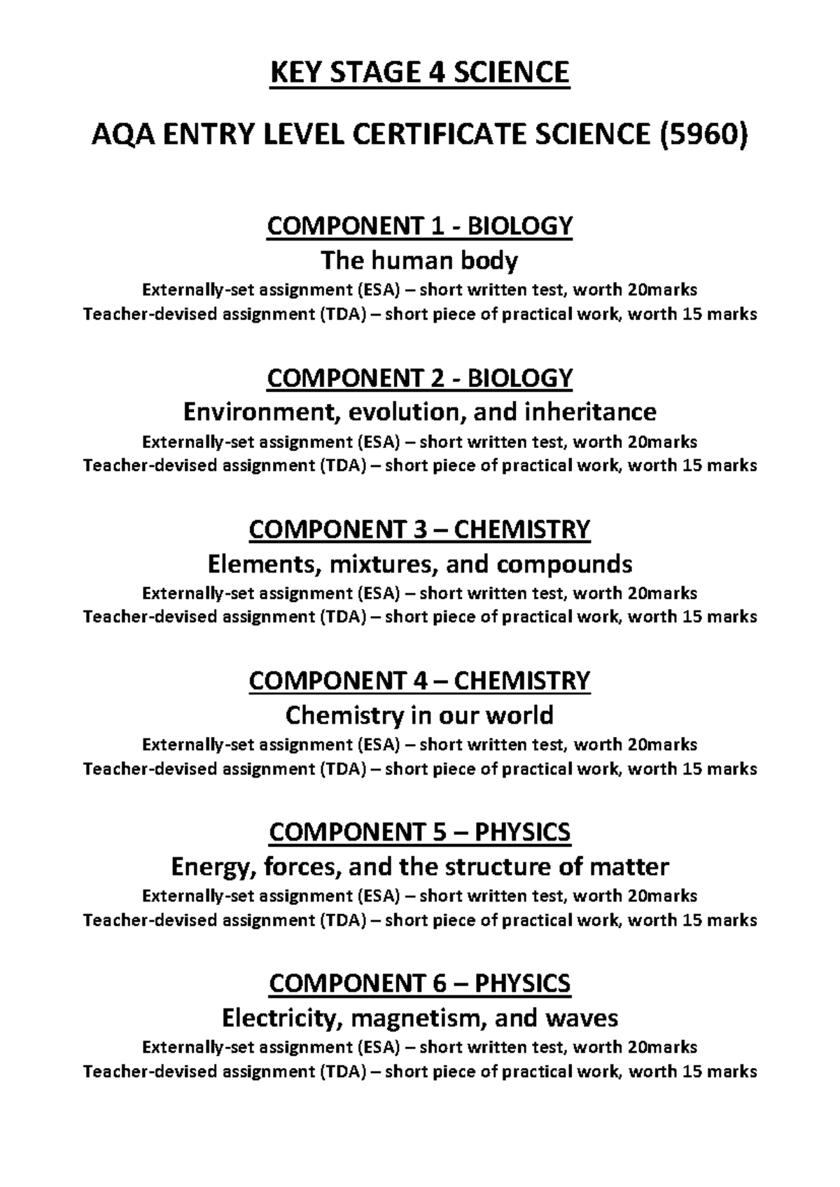 AQA ELC Science Topic Titles - KEY STAGE 4 SCIENCE AQA ENTRY LEVEL ...