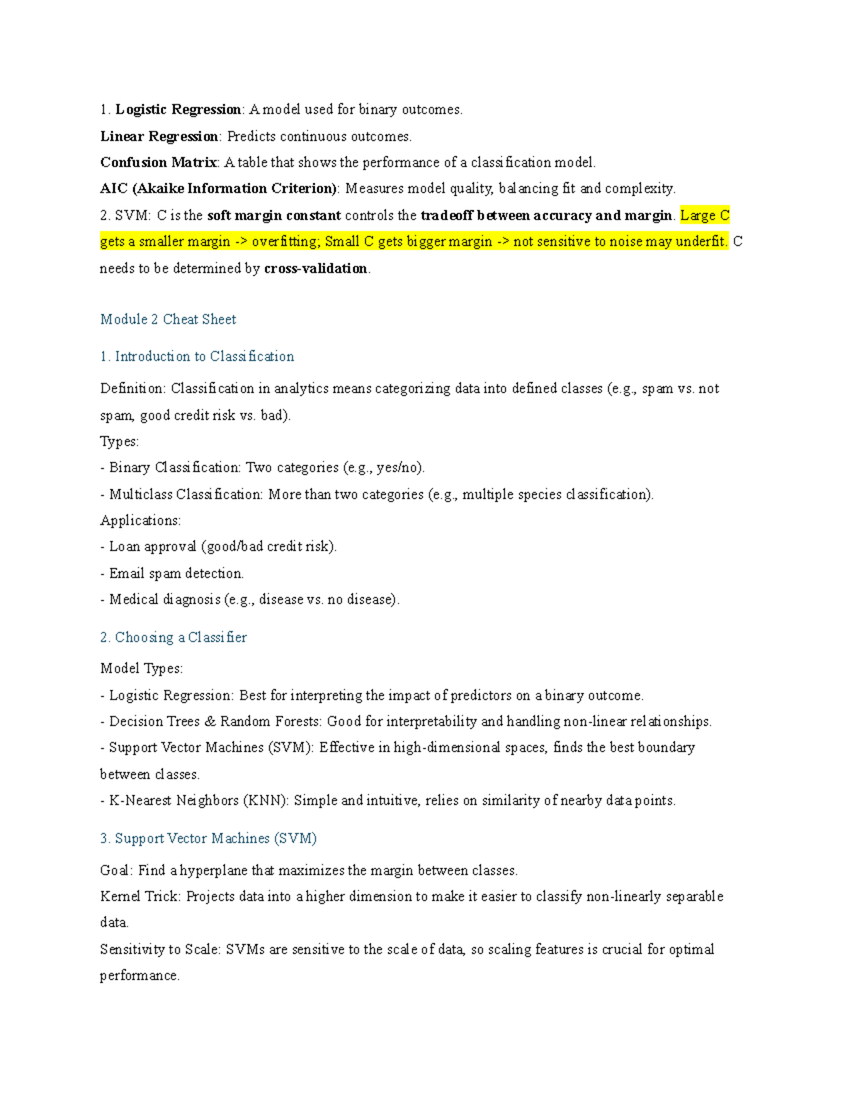 Cheat Sheet Midterm 1 - Logistic Regression: A model used for binary outcomes. Linear Regression ...