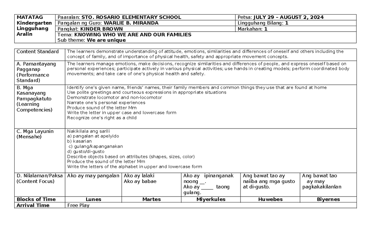 WEEK 1-LE-edited - NONE - MATATAG Kindergarten Lingguhang Aralin ...
