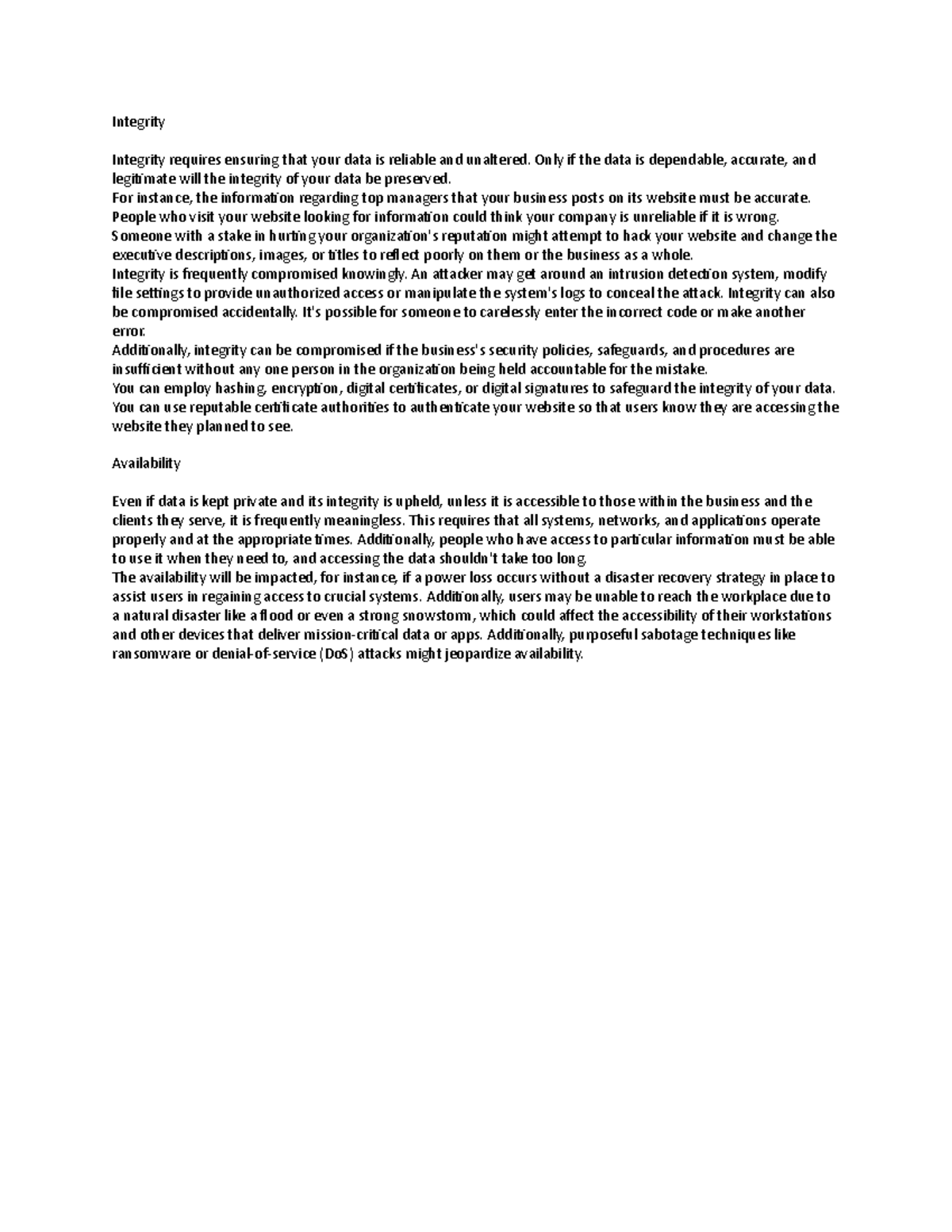 Integrity - note - Integrity Integrity requires ensuring that your data ...