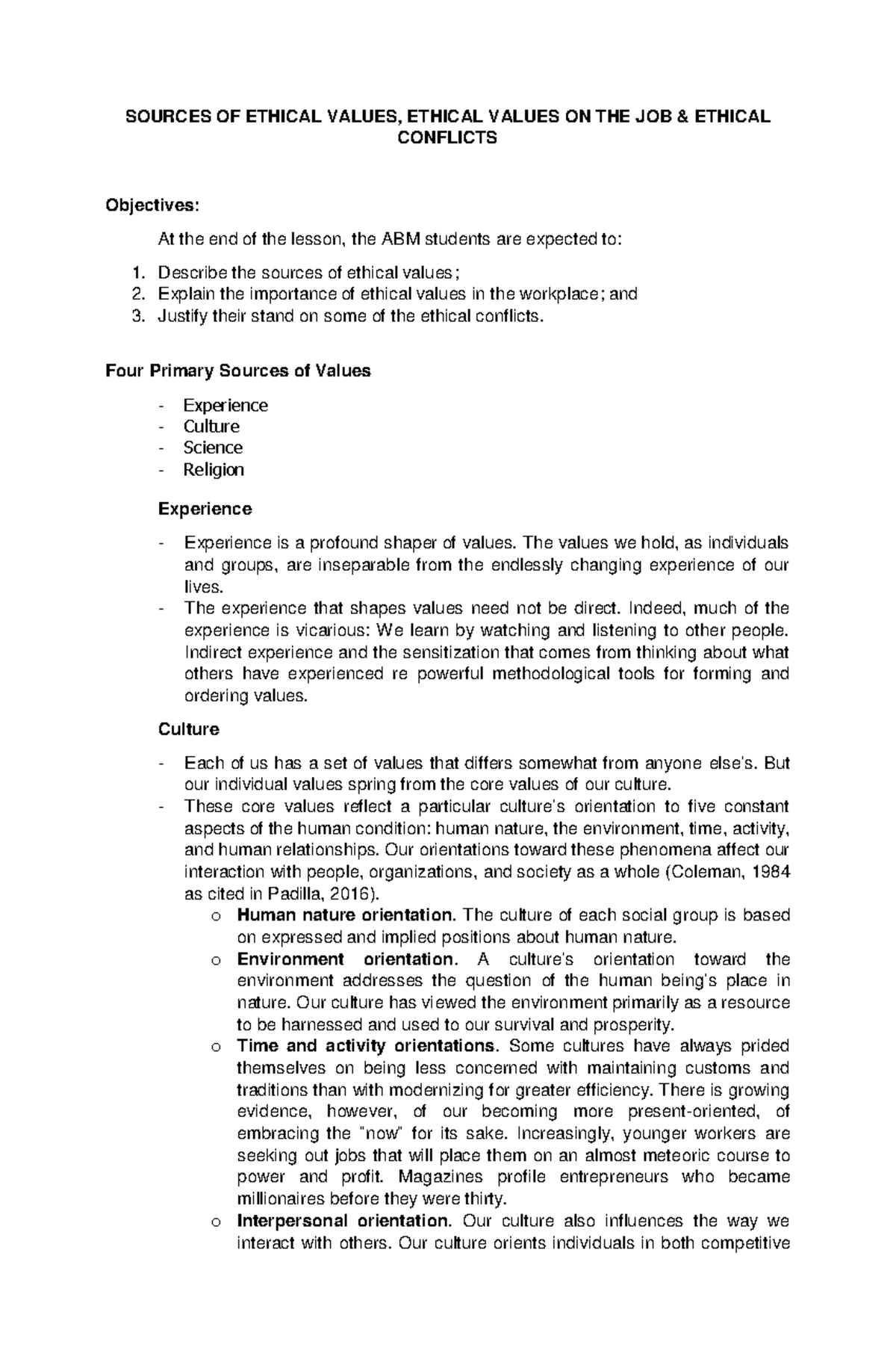 Sources of Ethical Values Ethical Values on the Job Ethical Conflicts ...