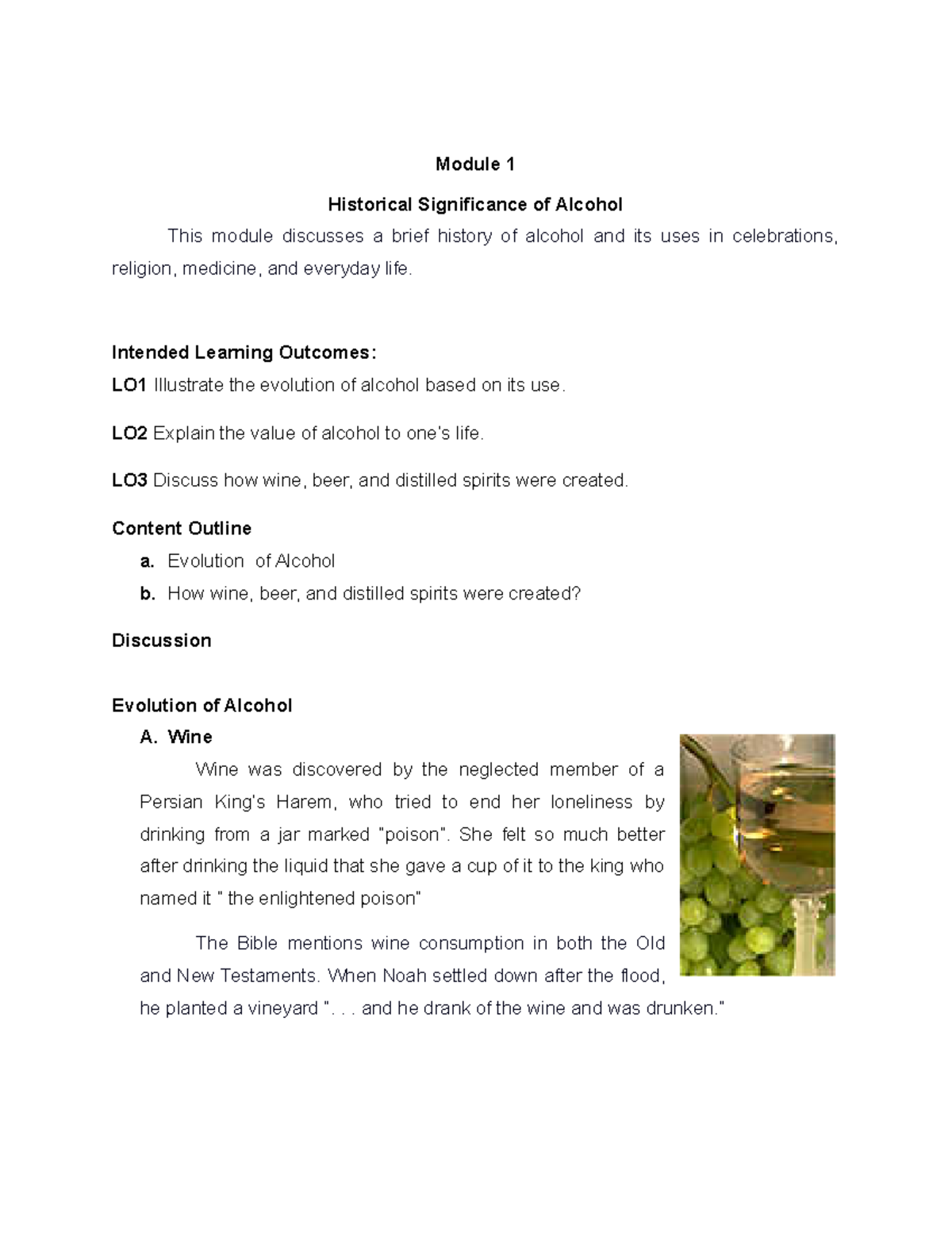 Module 1 Historical Significance of Alcohol - Intended Learning ...