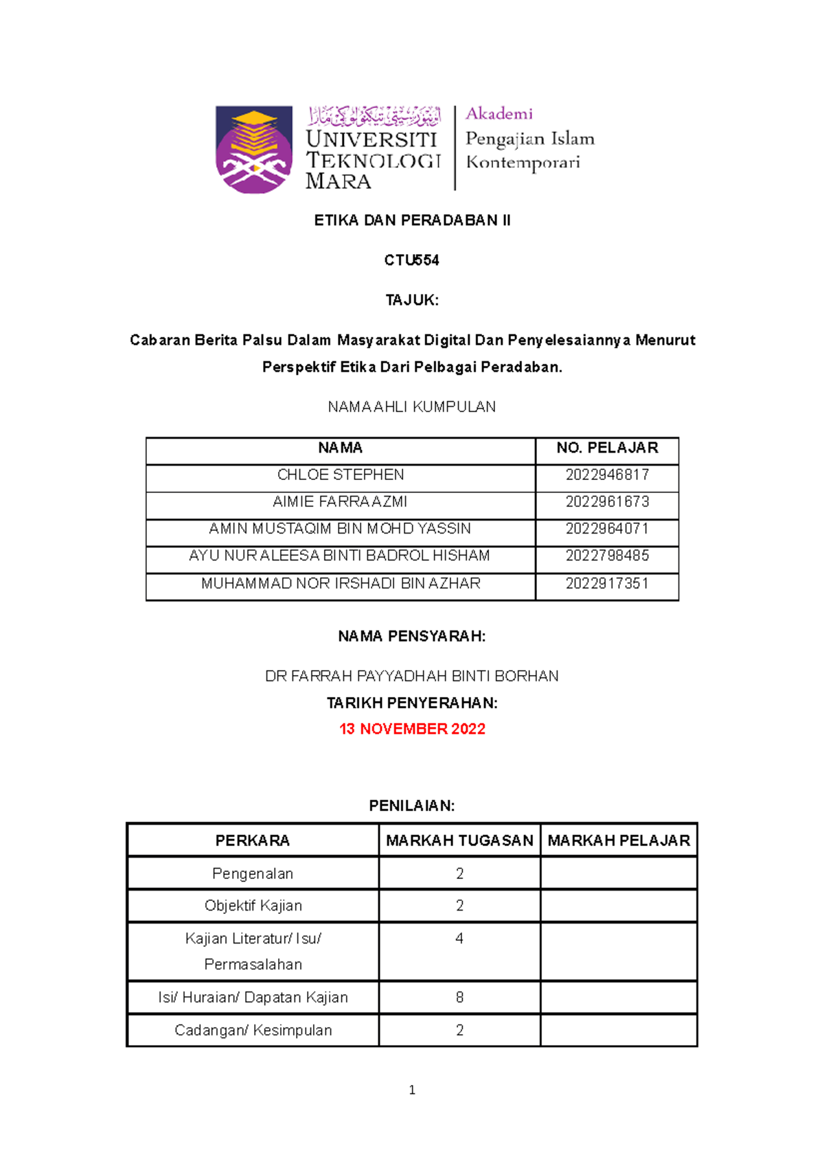 CTU554-ED05 Tugasan 1 Kumpulan 6 - ETIKA DAN PERADABAN II CTU TAJUK ...