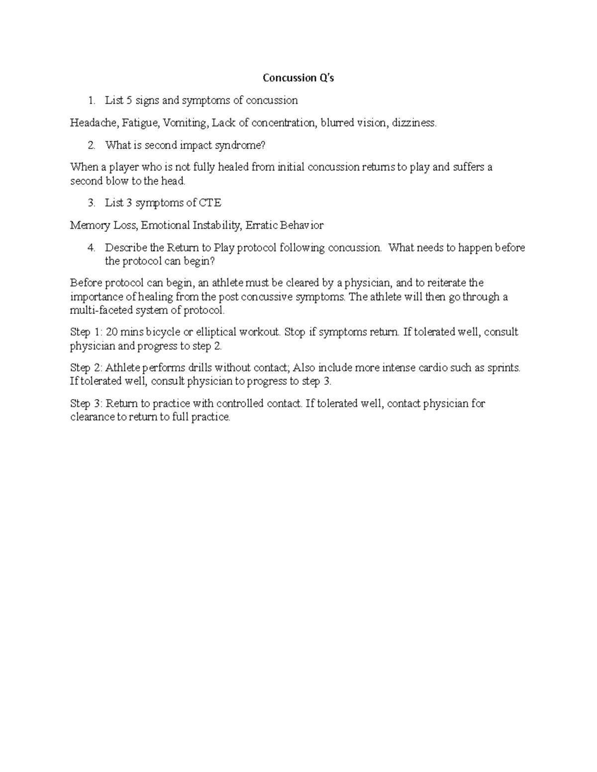Concussion Qs - Concussion Q’s List 5 signs and symptoms of concussion ...