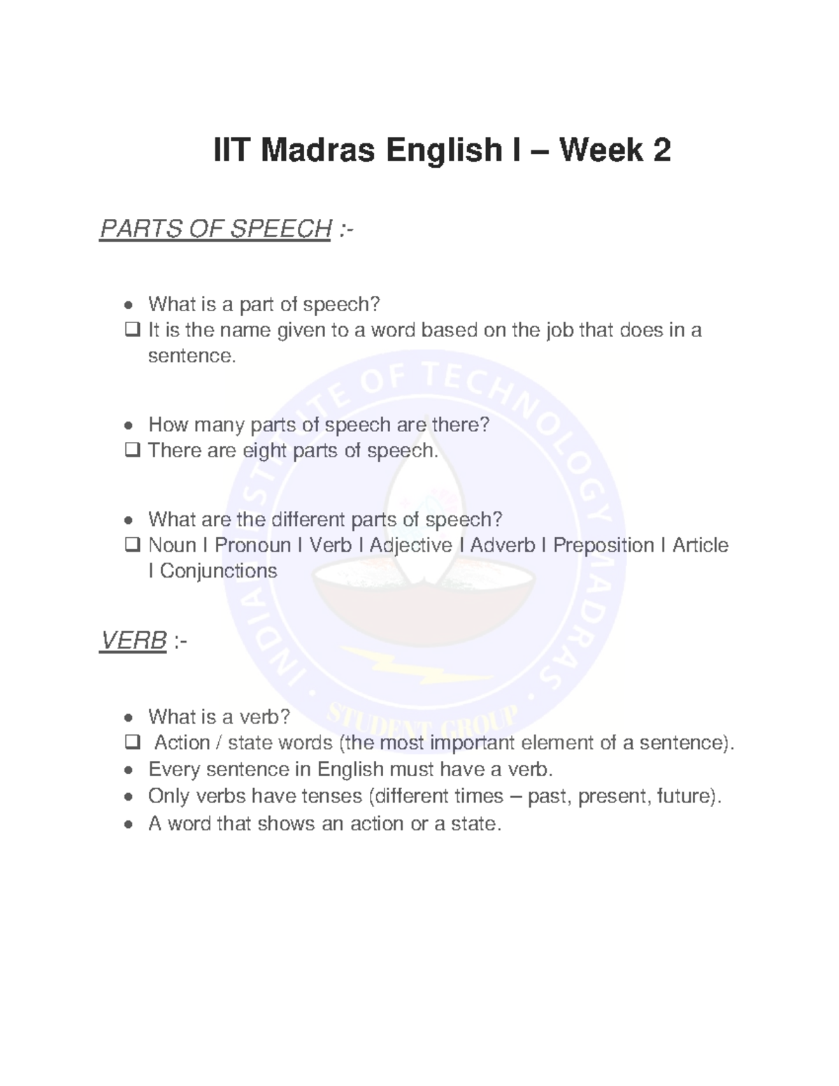 English I Week 2 Notes - IIT Madras English l – Week 2 PARTS OF SPEECH ...