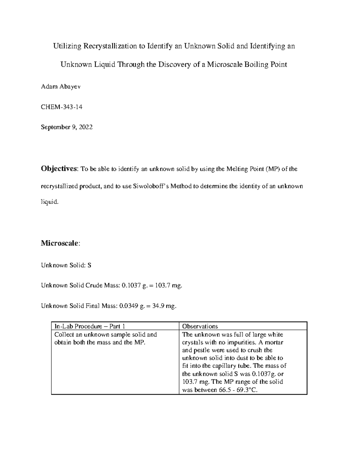 Chem 343 - Lab 2 Report - Utilizing Recrystallization to Identify an ...