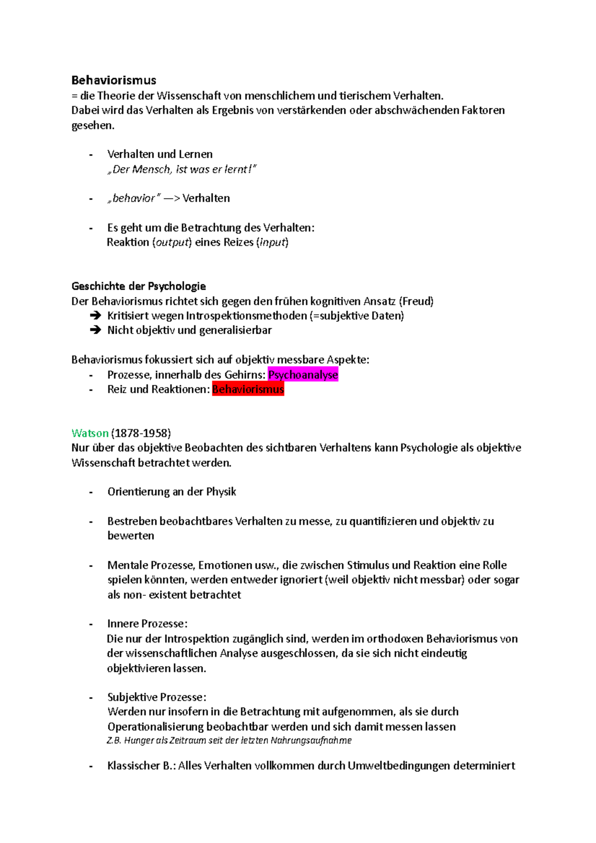 Dokument (8) Behaviorismus - Behaviorismus = die Theorie der ...