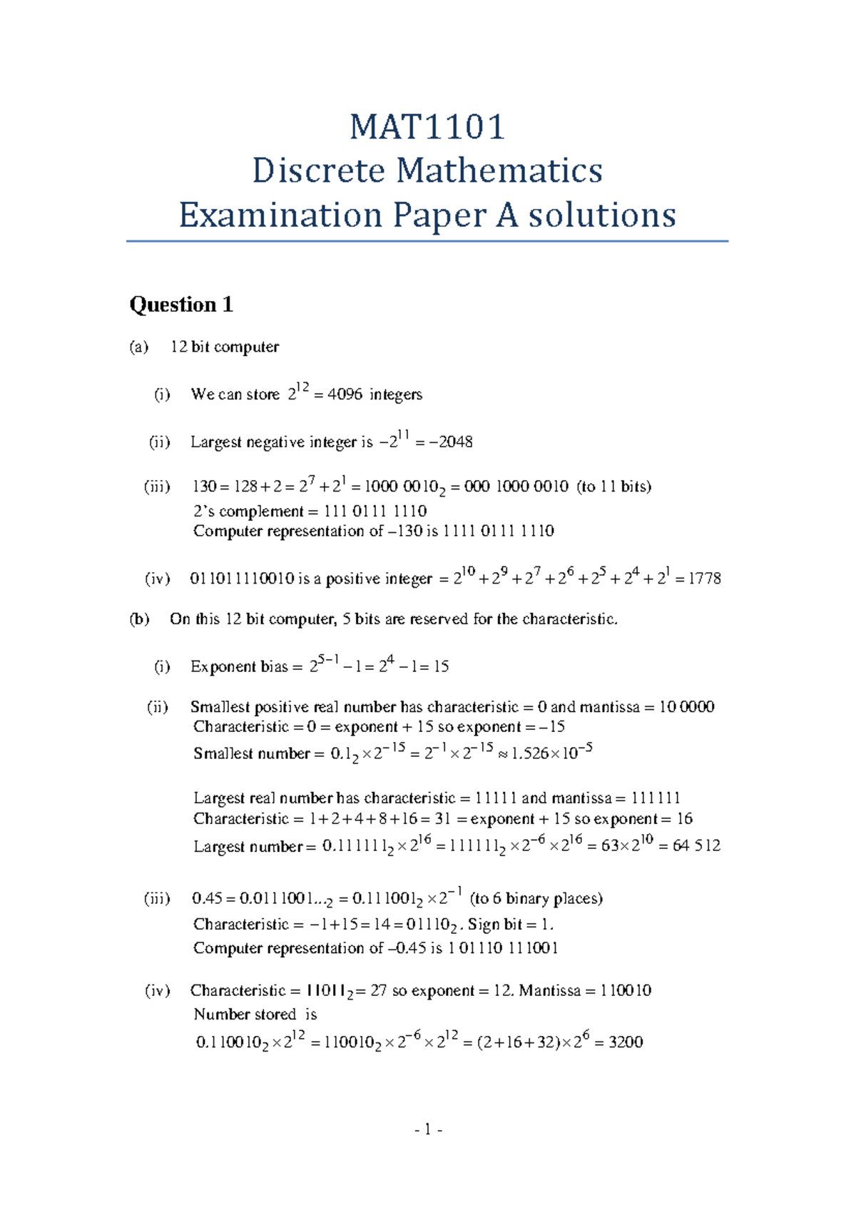 Exam 2015, answers - MAT1101 Discrete Mathematics Examination Paper A ...