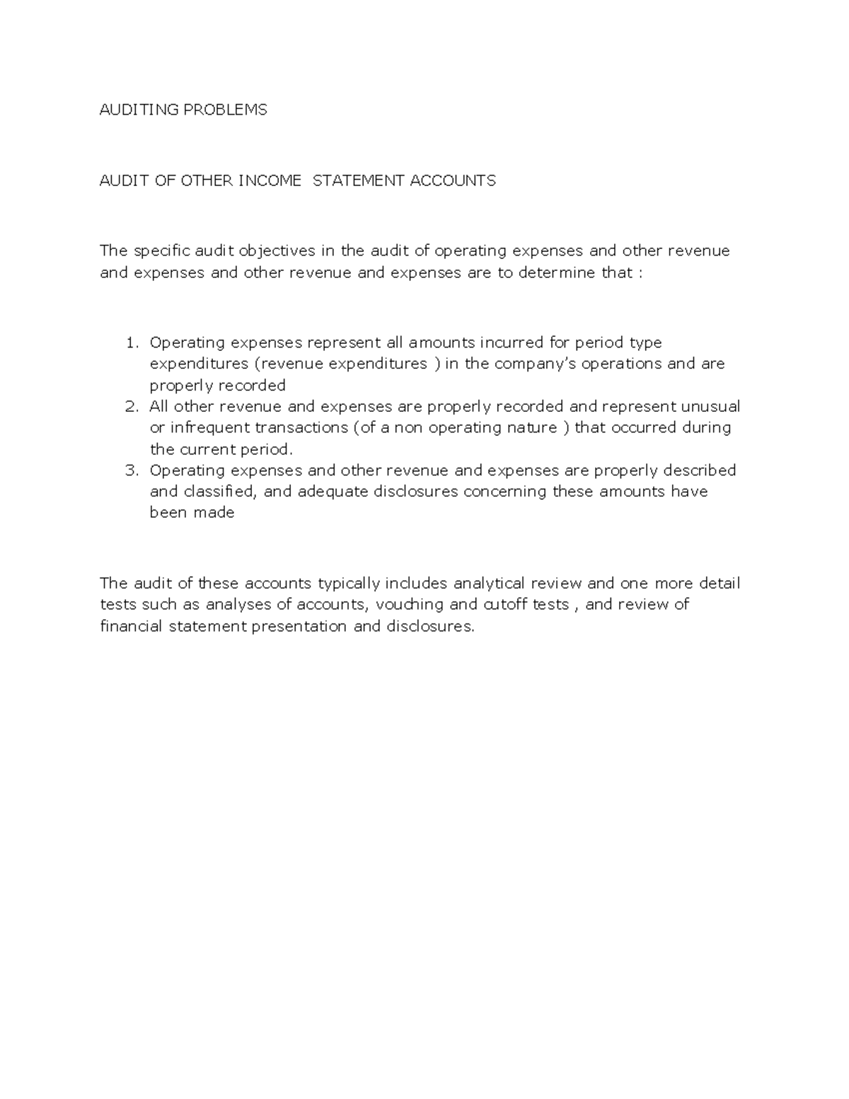 Auditing Problems Audit Of Other Income Statement Items Auditing
