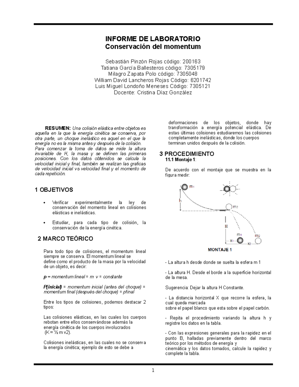 Laboratorio conservacion del momentum - . INFORME DE LABORATORIO Conservación del momentum ...