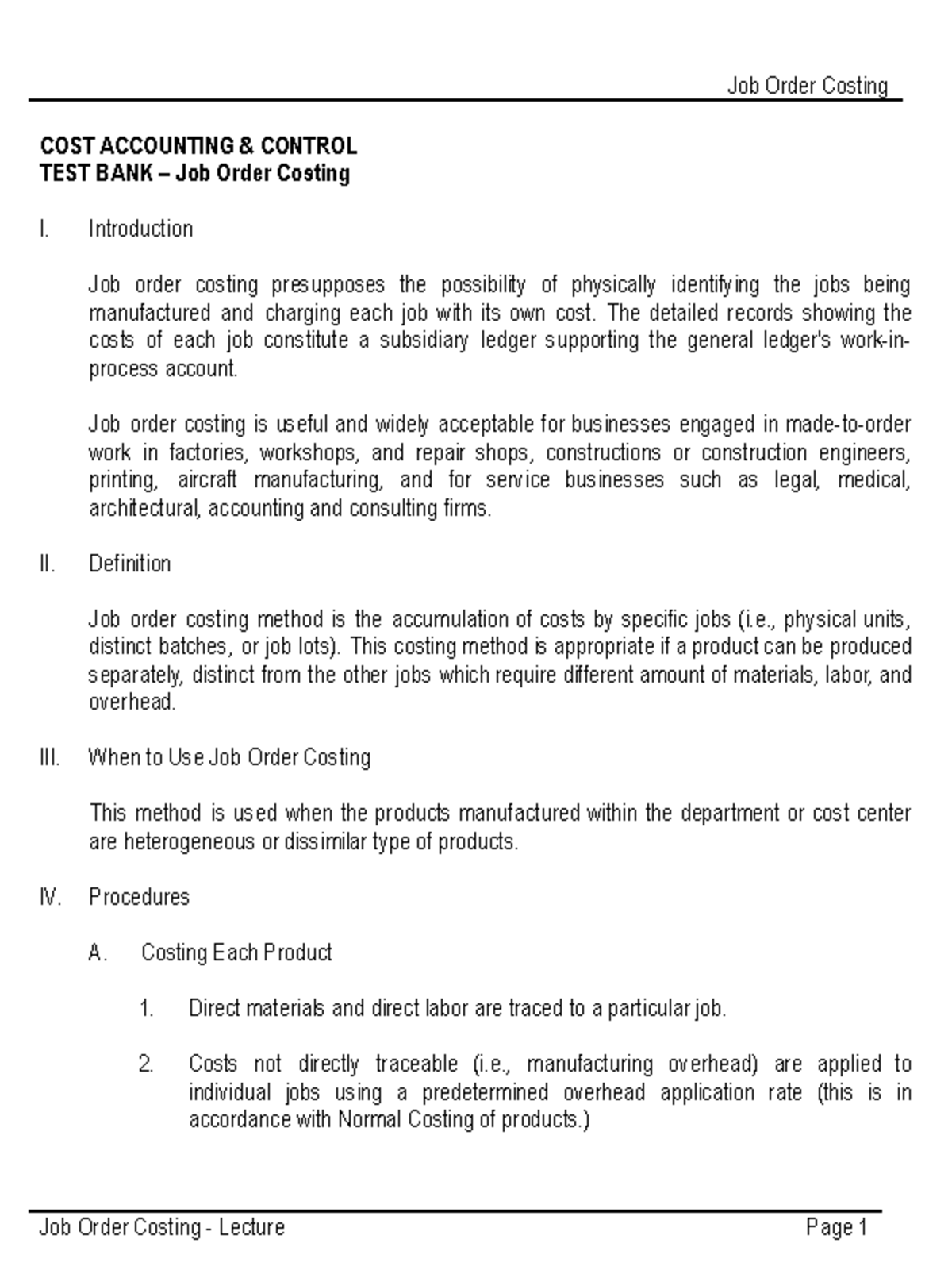Test bank-Cost Concepts, Job Order, Materials, Service Costs - Job ...
