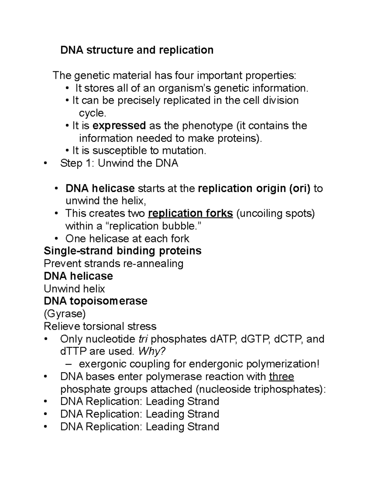 DNA structure and replication lecture notes - DNA structure and ...