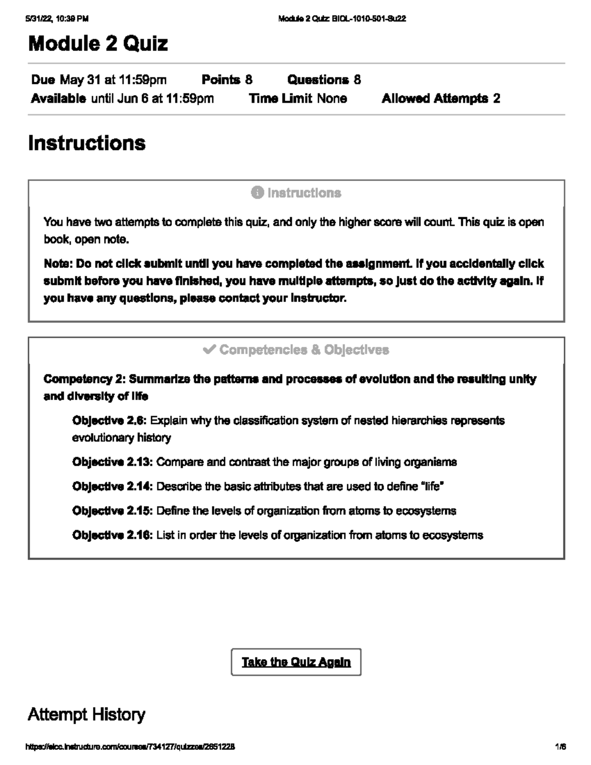 Biol 1010 module 2 quiz - Quiz - BIOL 1010 - Studocu