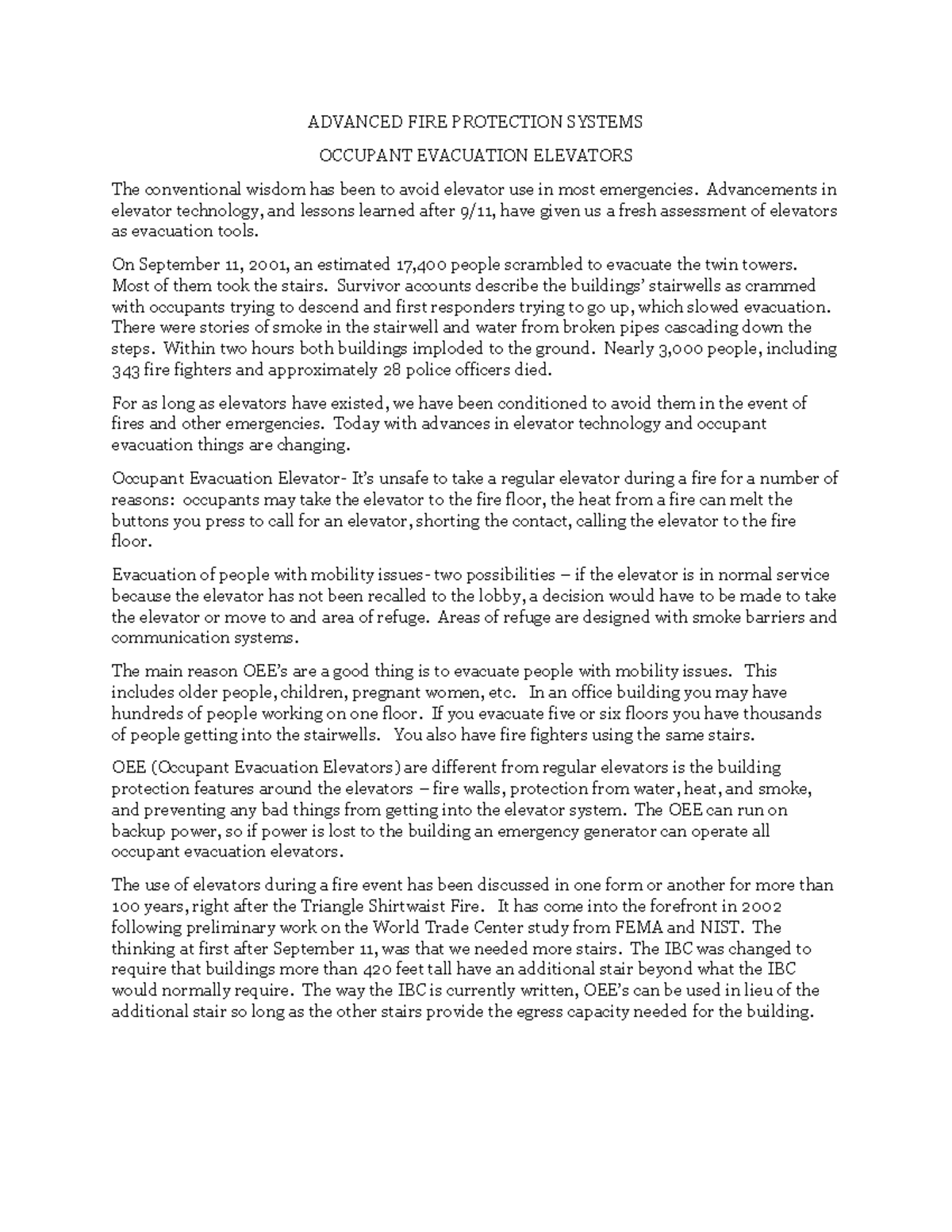 Elevator Evacuations - ADVANCED FIRE PROTECTION SYSTEMS OCCUPANT ...