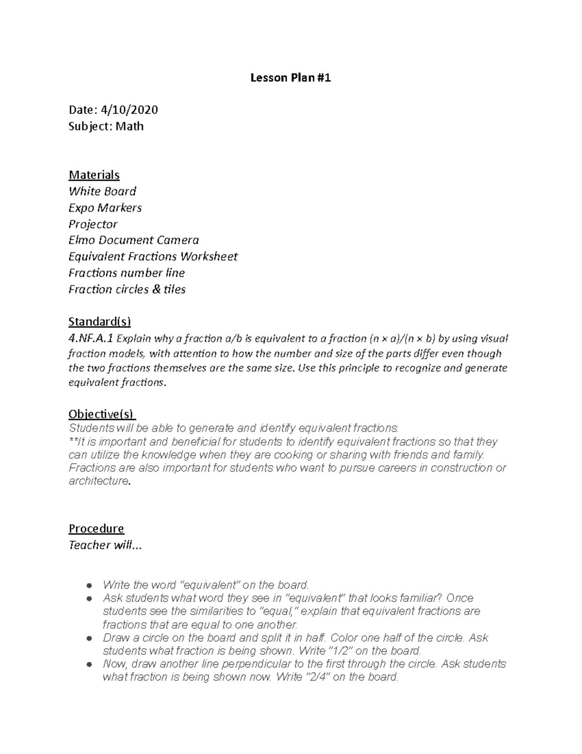 EDSP 301 Unit Plan - Assignment - Lesson Plan Date: 4/10/ Subject: Math ...