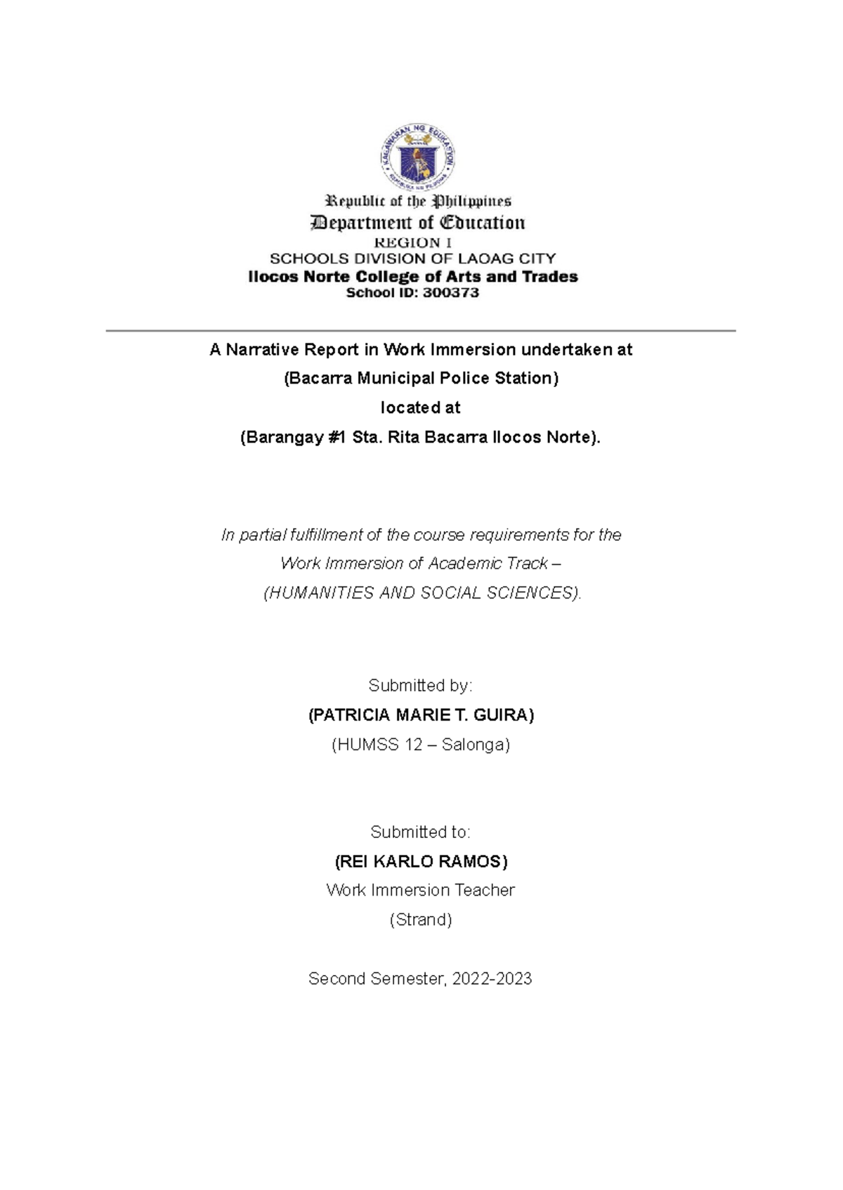 Narrative Report PMG - A Narrative Report in Work Immersion undertaken ...