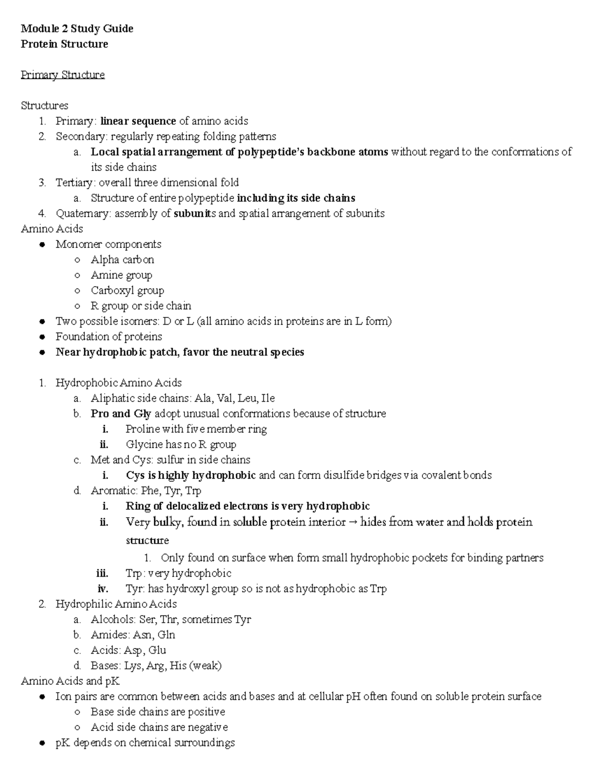 Module 2 Study Guide - Module 2 Study Guide Protein Structure Primary Structure Structures 1 ...