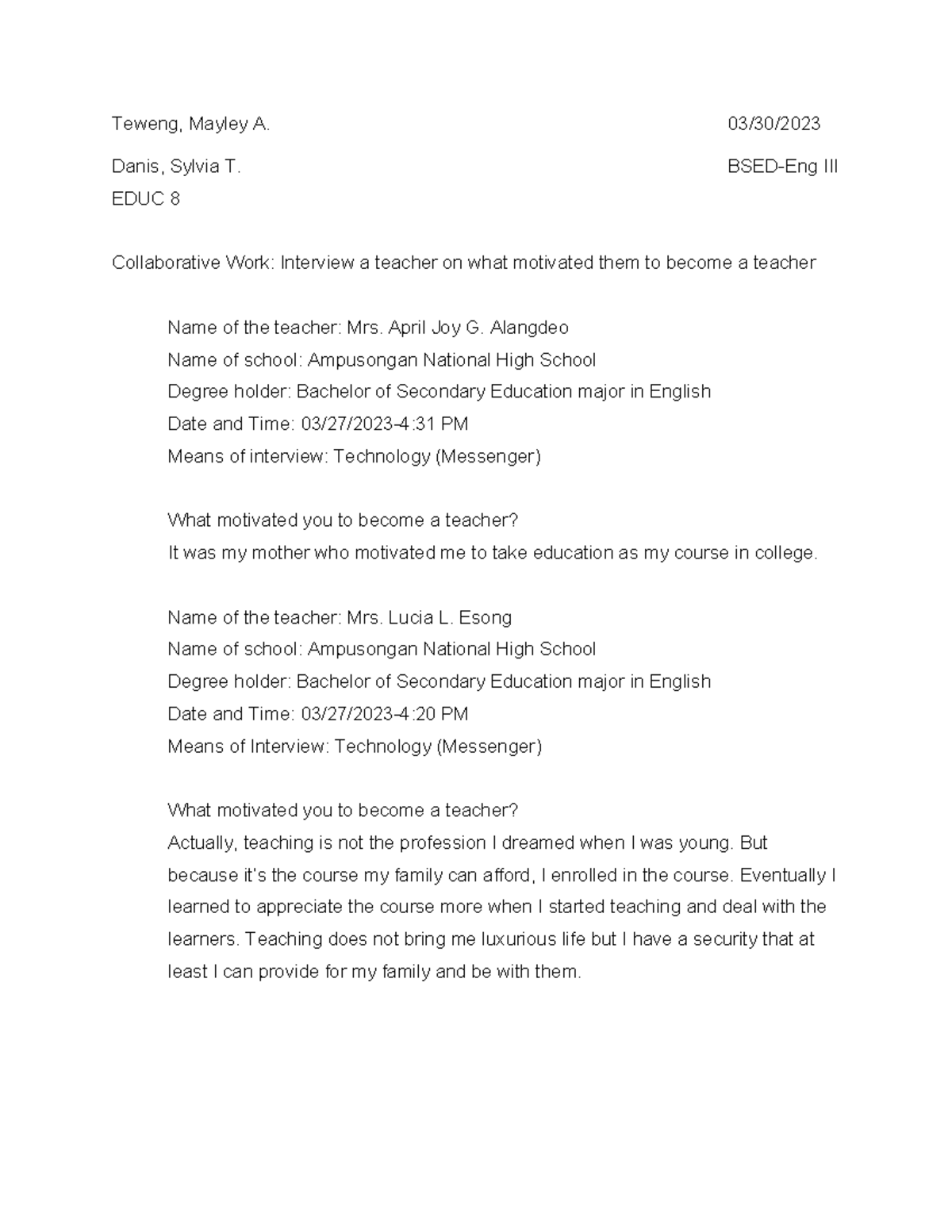EDUC 8 Interview - hghhh - Teweng, Mayley A. 03/30/ Danis, Sylvia T ...