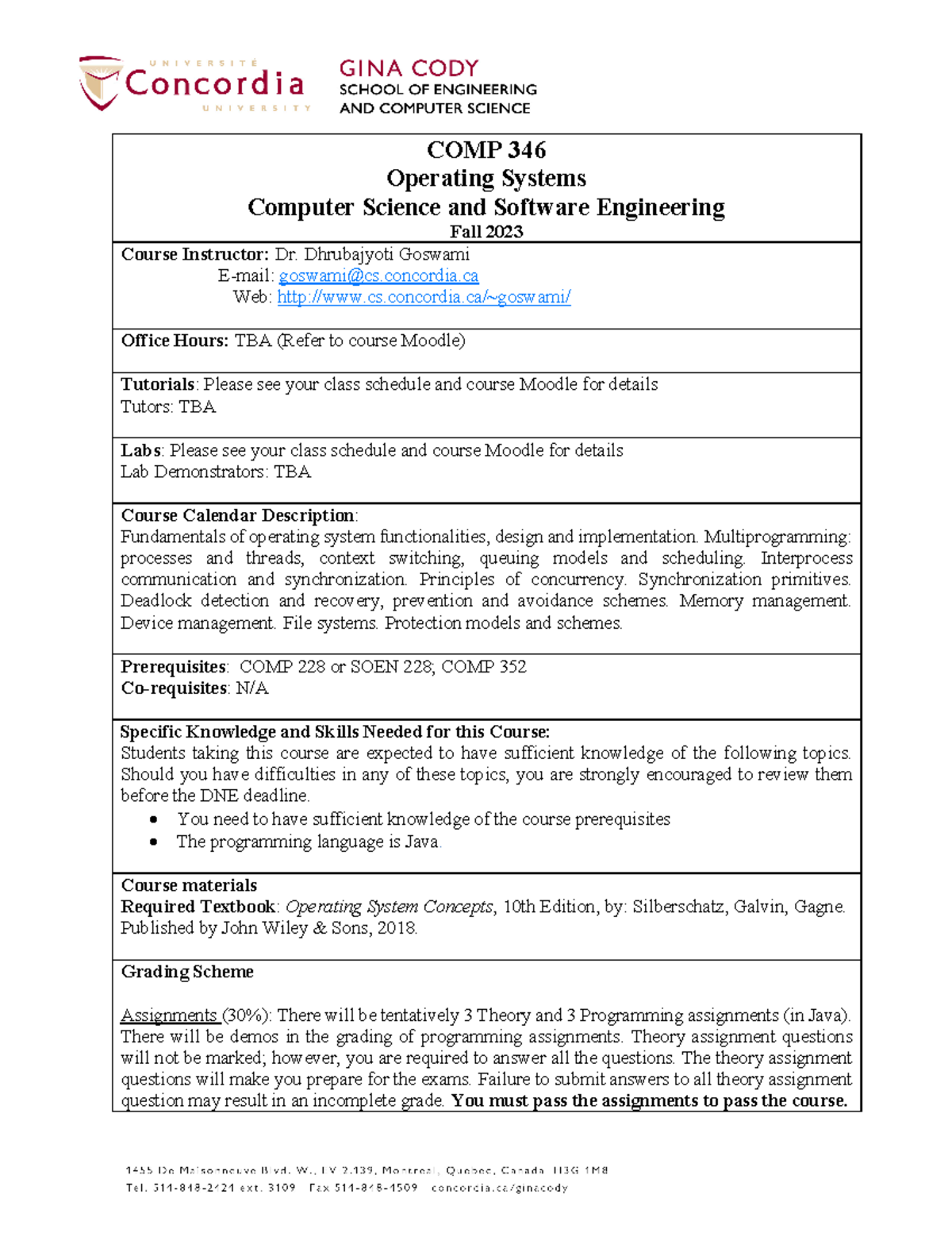 COMP346-F23-Course Outline - COMP 346 Operating Systems Computer ...