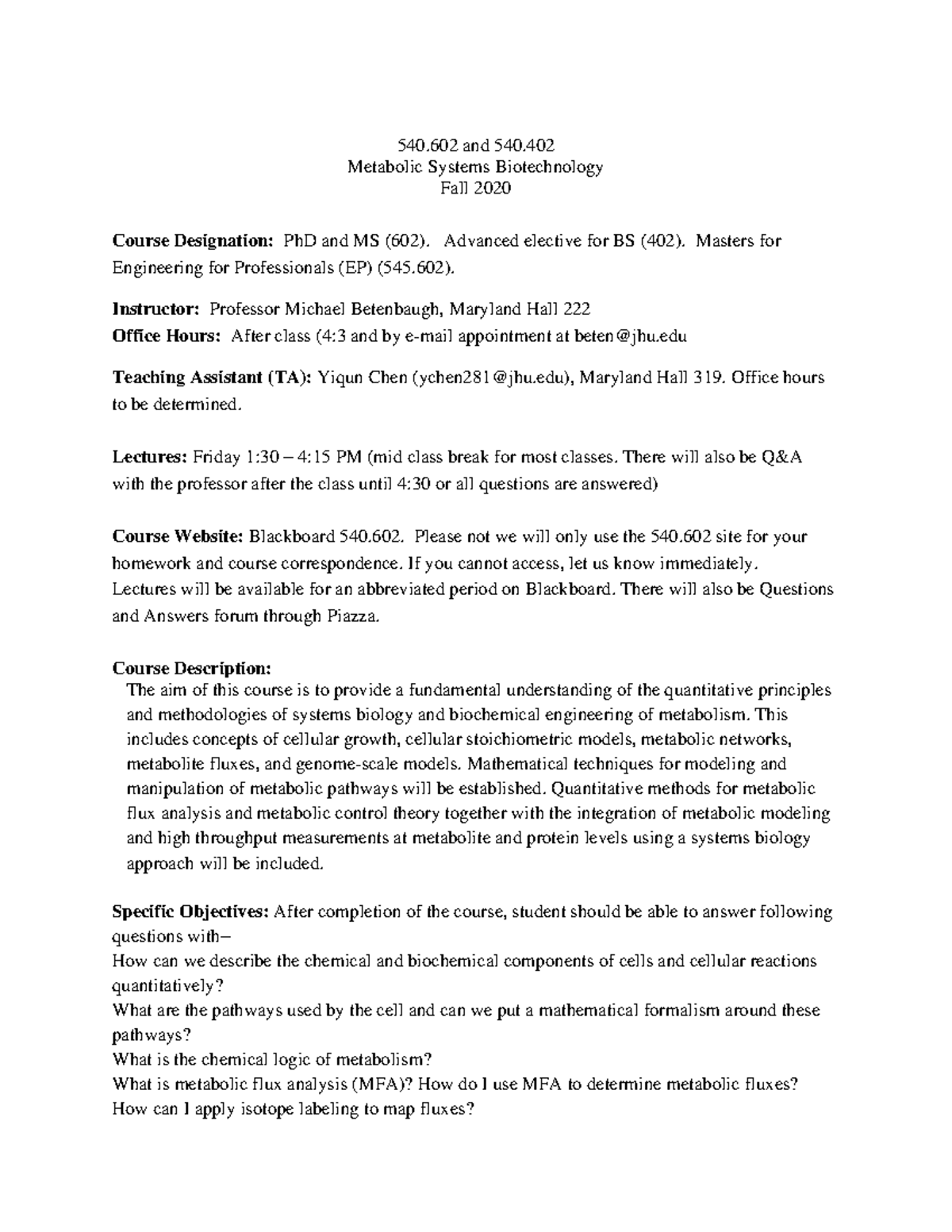 Biotechnology Syllabus - 540 and 540. Metabolic Systems Biotechnology ...