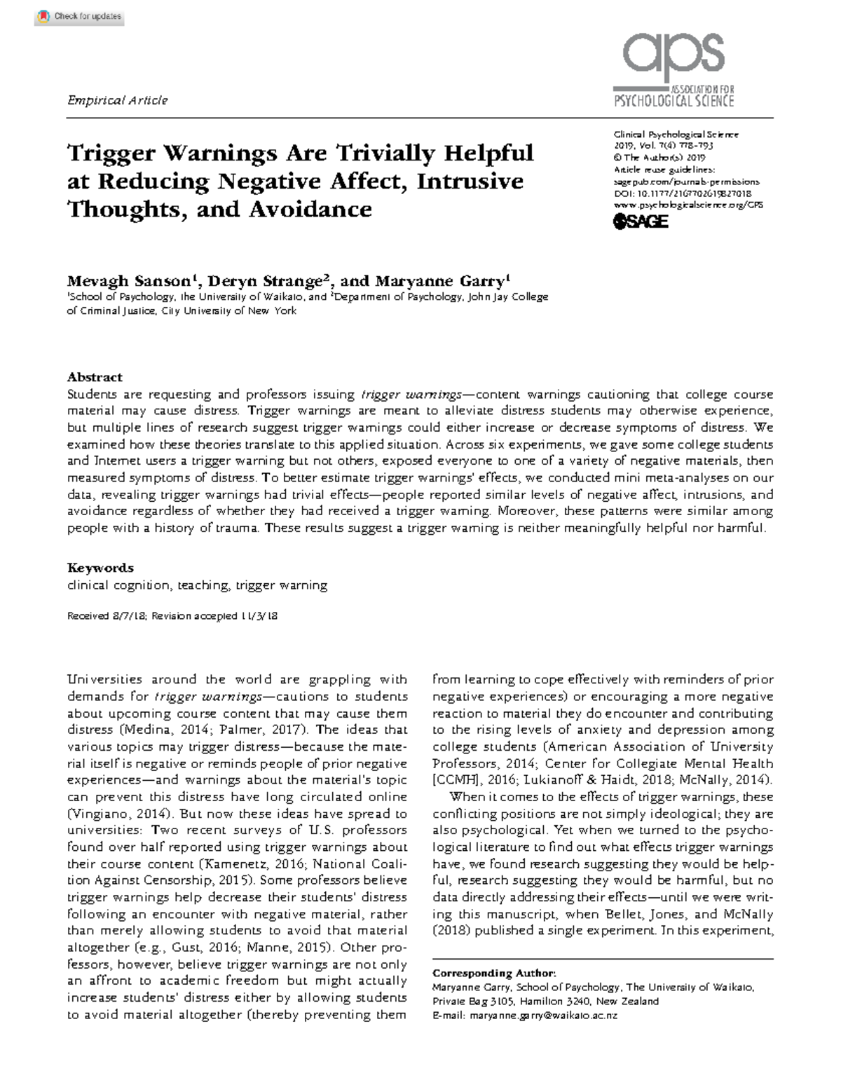 Trigger Warning Psych Article - doi/10.1177/ Clinical Psychological ...