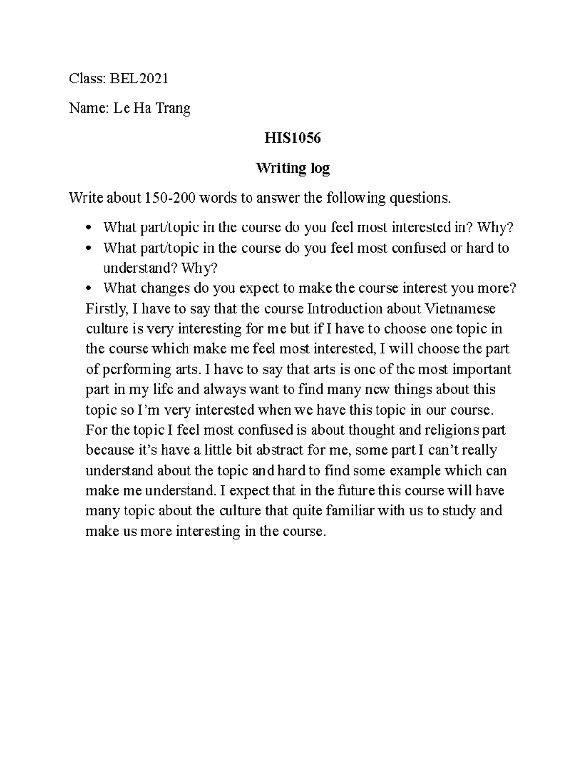 HIS1056- Writing log - about culture and history - Class: BEL Name: Le ...