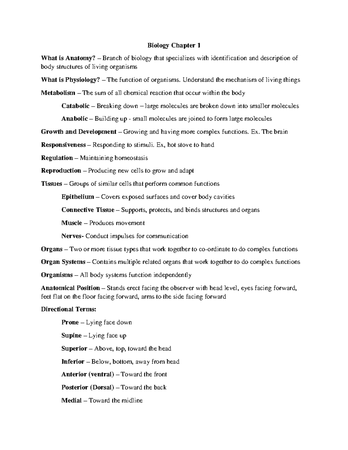 Biology 110 Final def - Anatomy and physiology notes - Biology Chapter ...