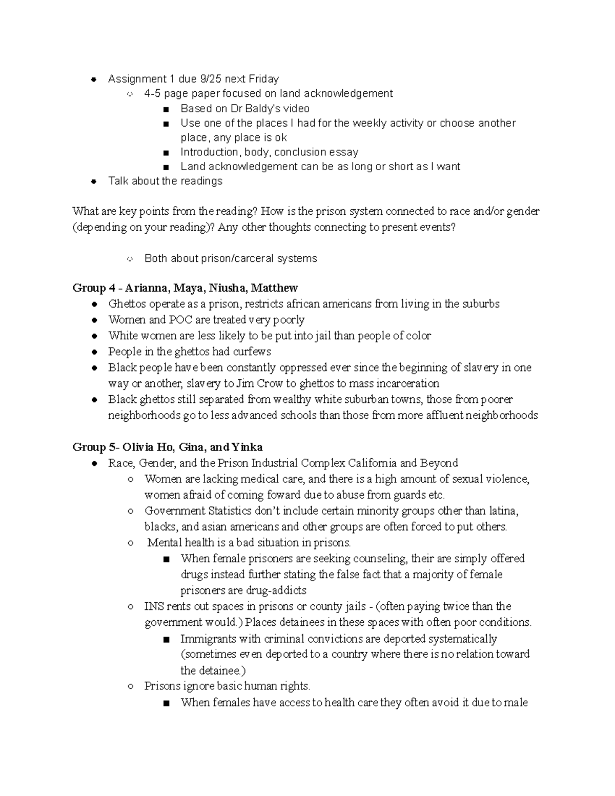 9 16 Lecture - Ethnic studies notes - Assignment 1 due 9/25 next Friday ...