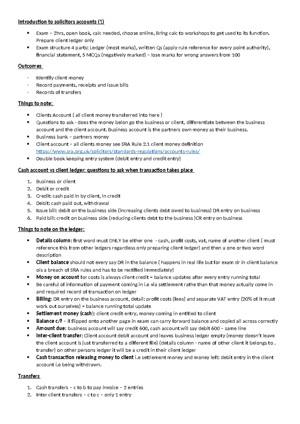Intro to SAC - Introduction to solicitors accounts (1) Exam – 2hrs ...
