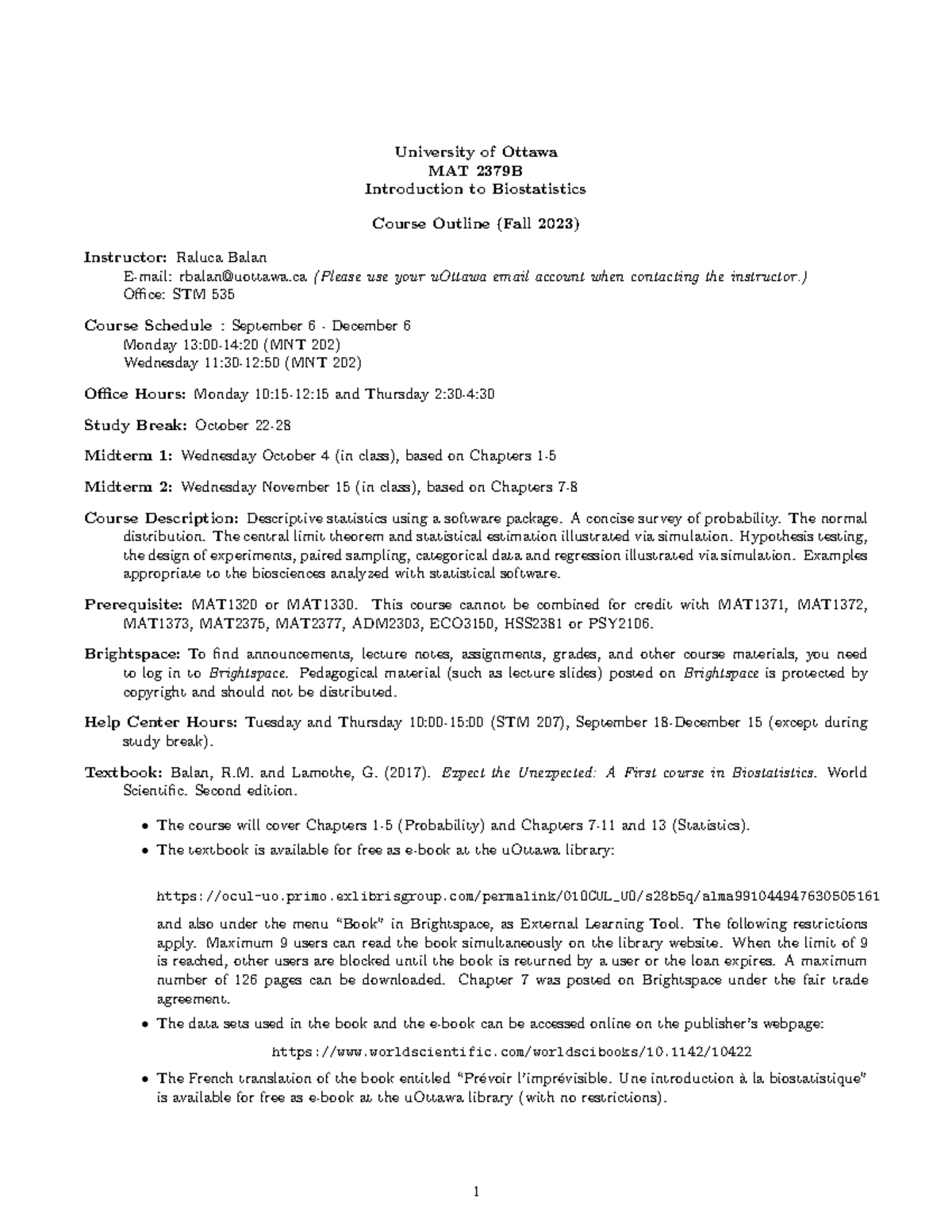 2379-course-outline 23 - University of Ottawa MAT 2379B Introduction to Biostatistics Course ...