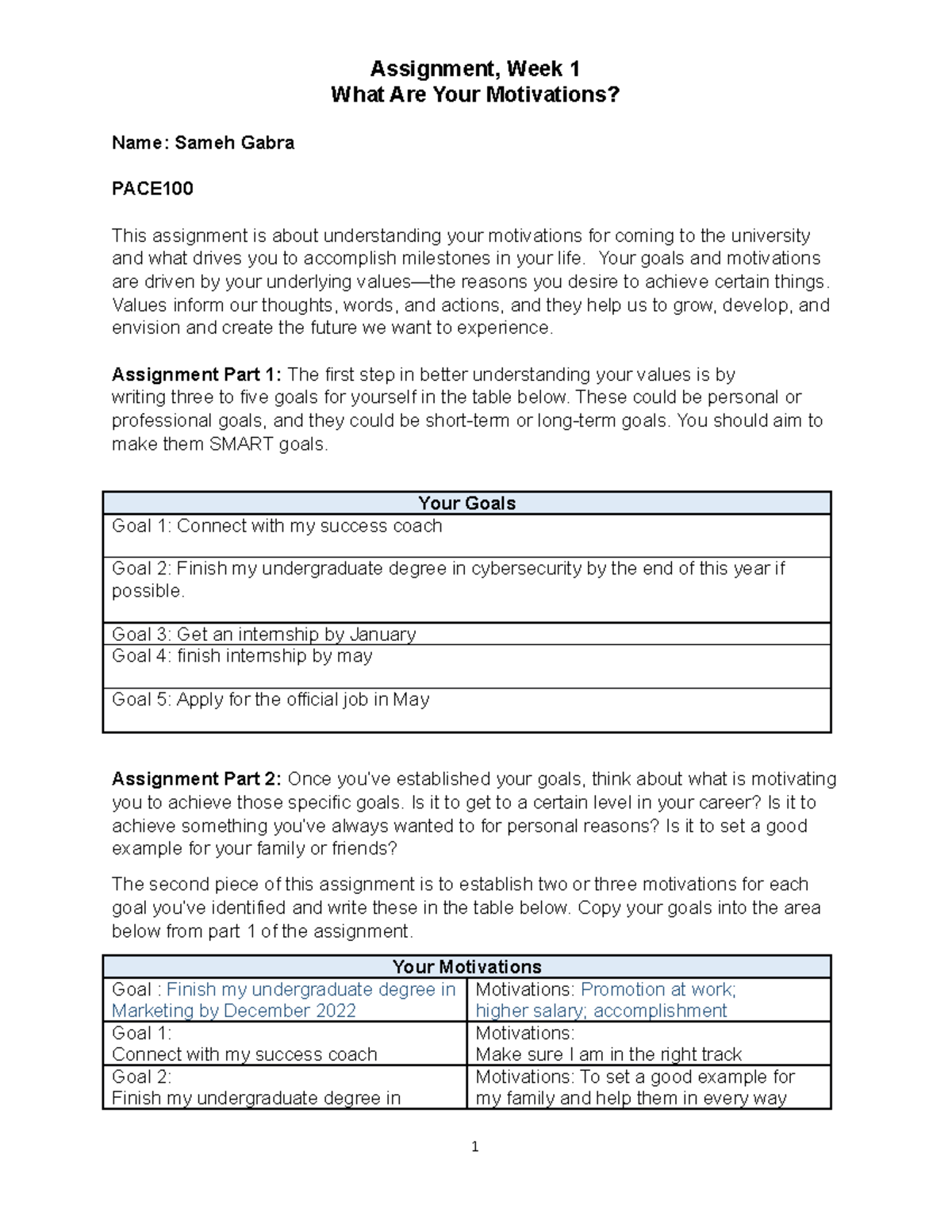 PACE 100 Assignment 1 (Sam - What Are Your Motivations? Name: Sameh ...