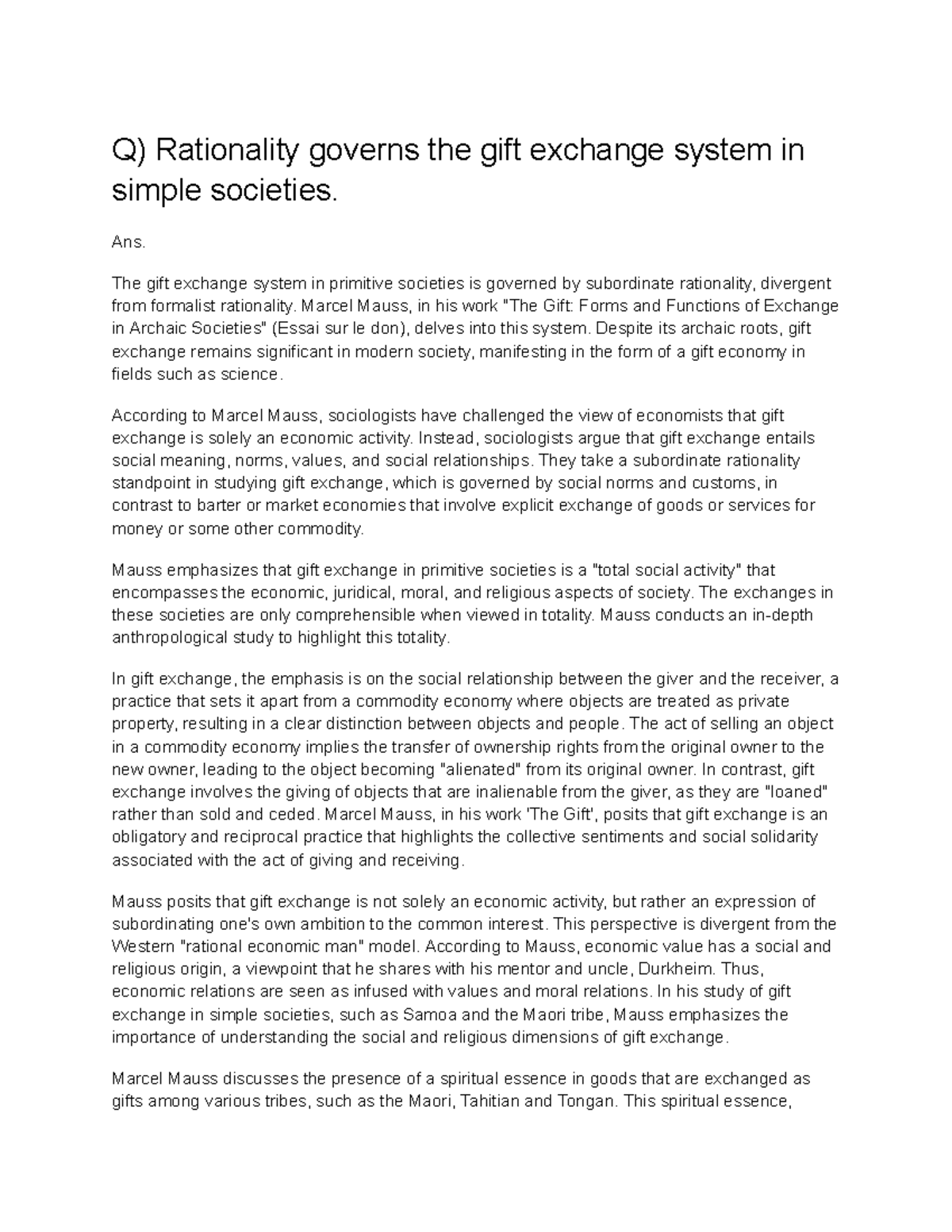 Mauss - Gift - Q) Rationality governs the gift exchange system in ...