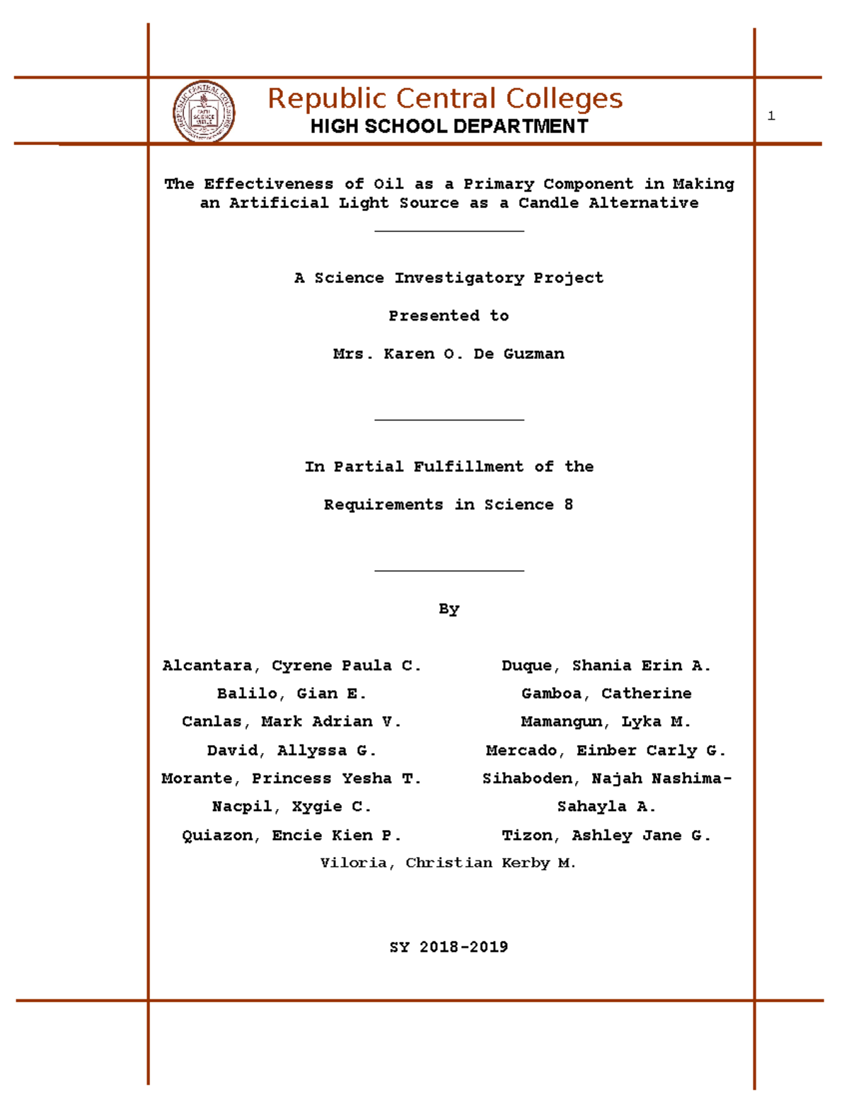 SIP- Group-1 - Science Inventory Project - HIGH SCHOOL DEPARTMENT The ...