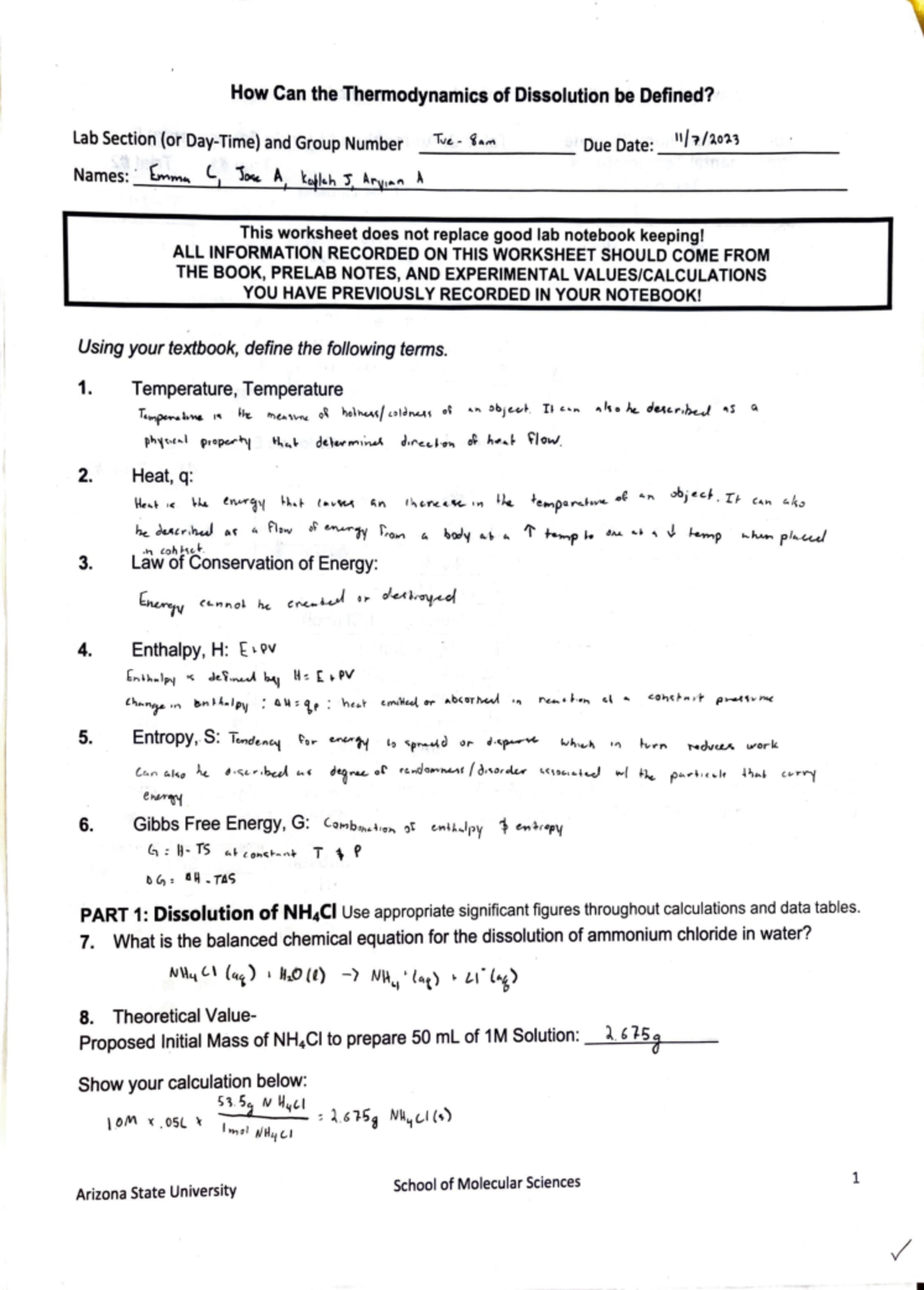 How Can The Thermodynamics of Dissolution be Defined - ... Due Date ...