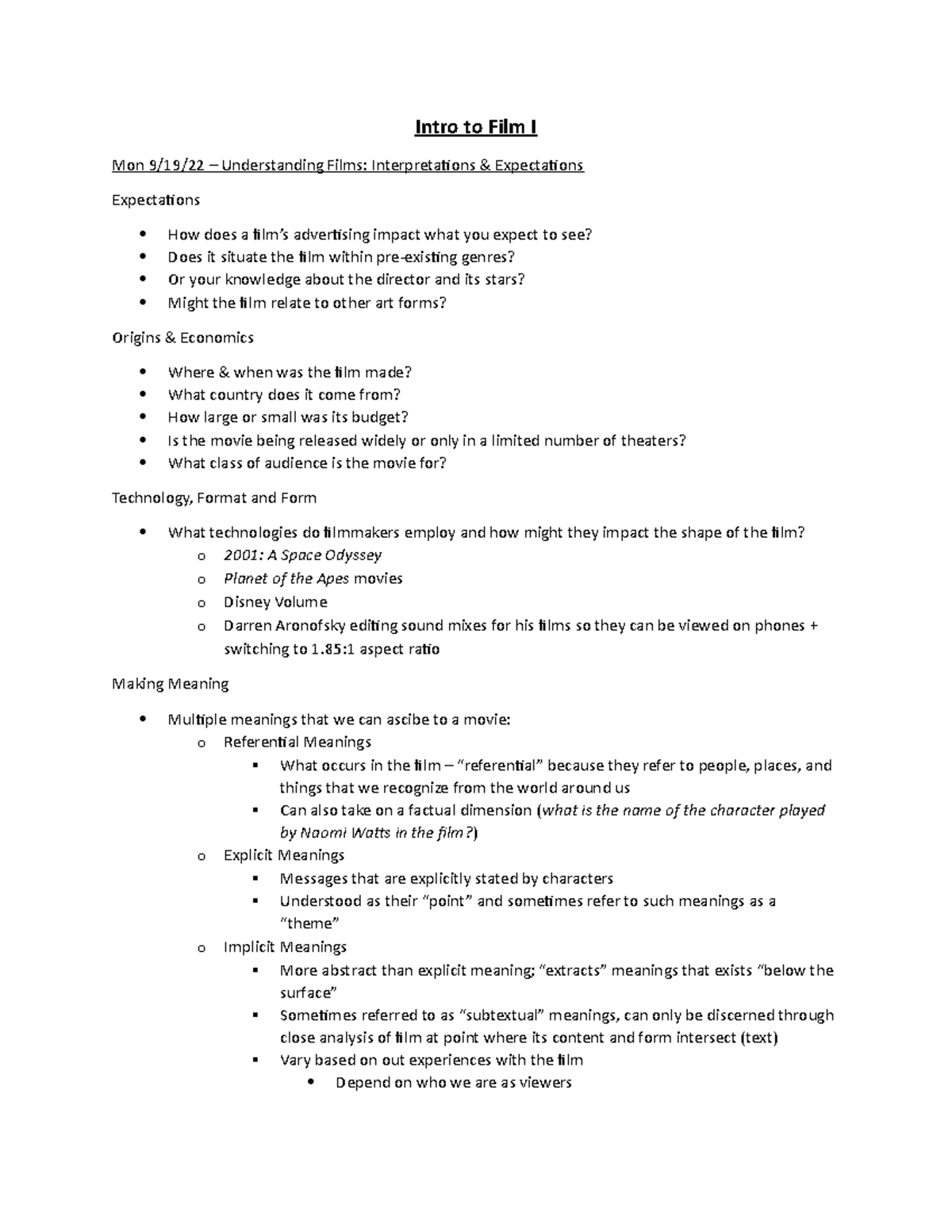 2022-19-09 Intro to Film I - Intro to Film I Mon 9/19/22 ...