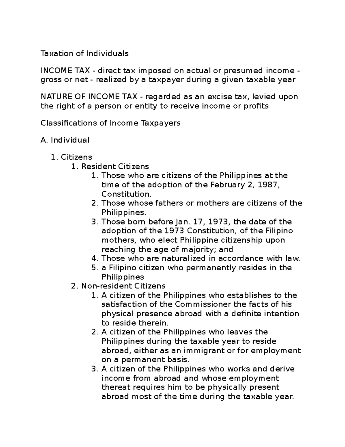 Lecture in taxation 2 - Taxation of Individuals INCOME TAX - direct tax ...