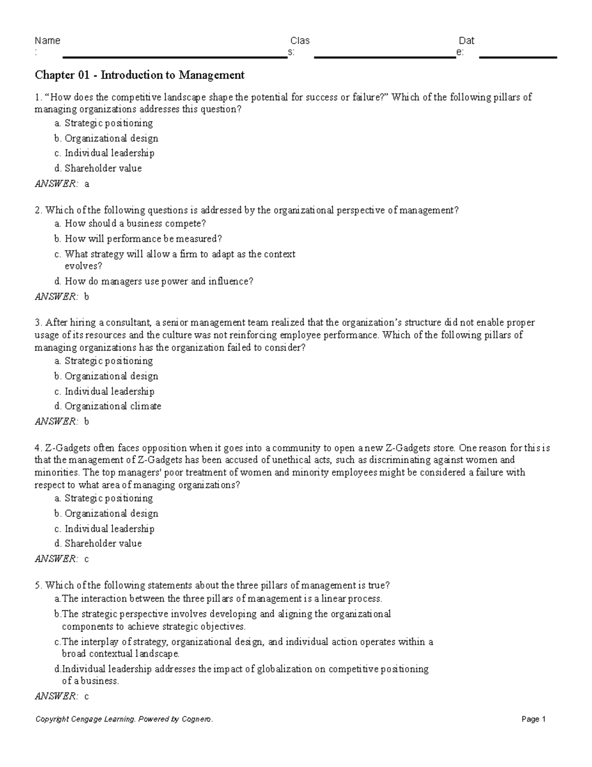 Chapter 01 Introduction to Management - Name : Clas s: Dat e: Chapter ...
