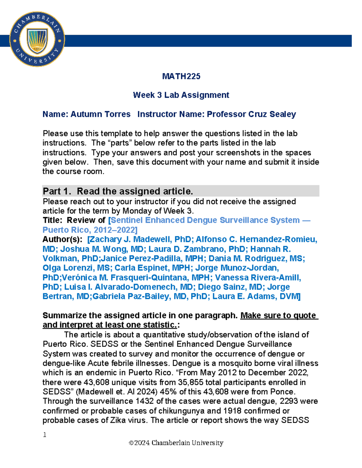 MATH225 WEEK 3 LAB - week 3 lab assignment statistics - MATH Week 3 Lab Assignment Name: Autumn ...