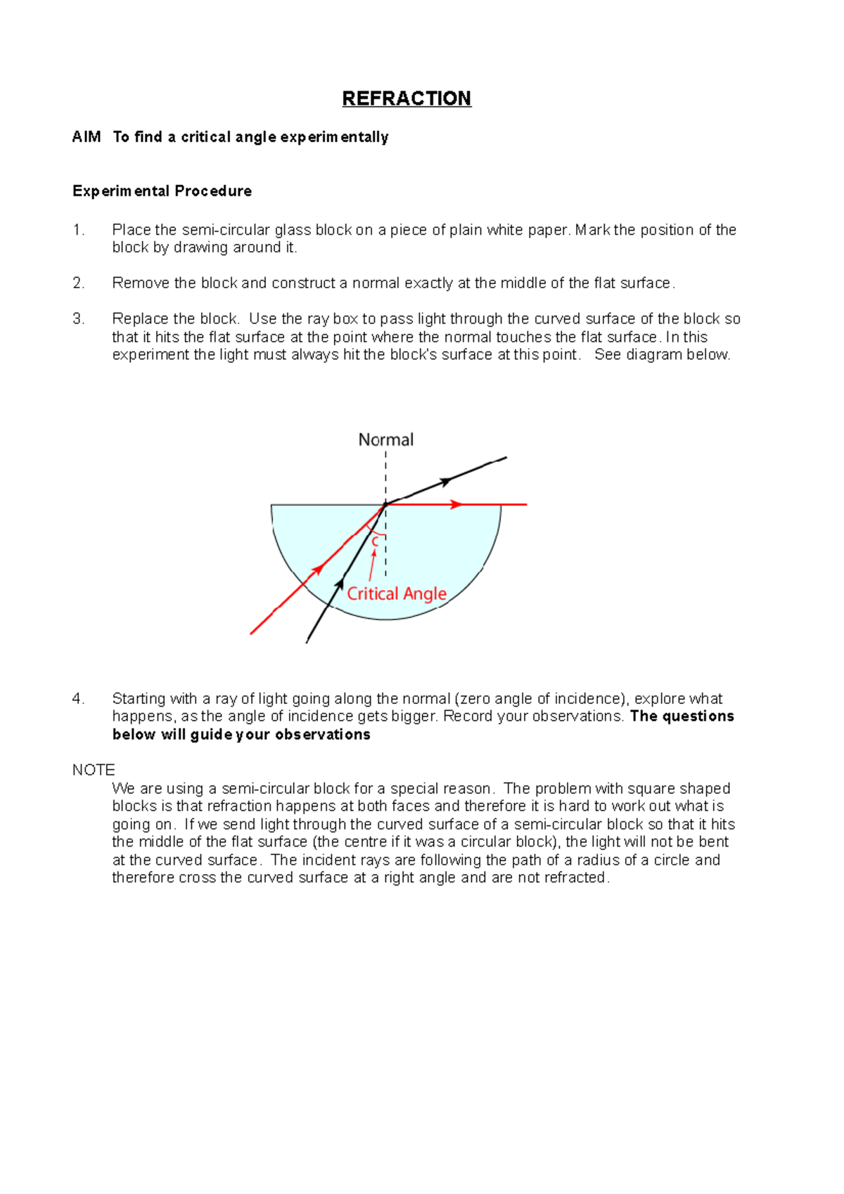 Unit 2 - Finding the critical angle experimentally Notes - REFRACTION ...