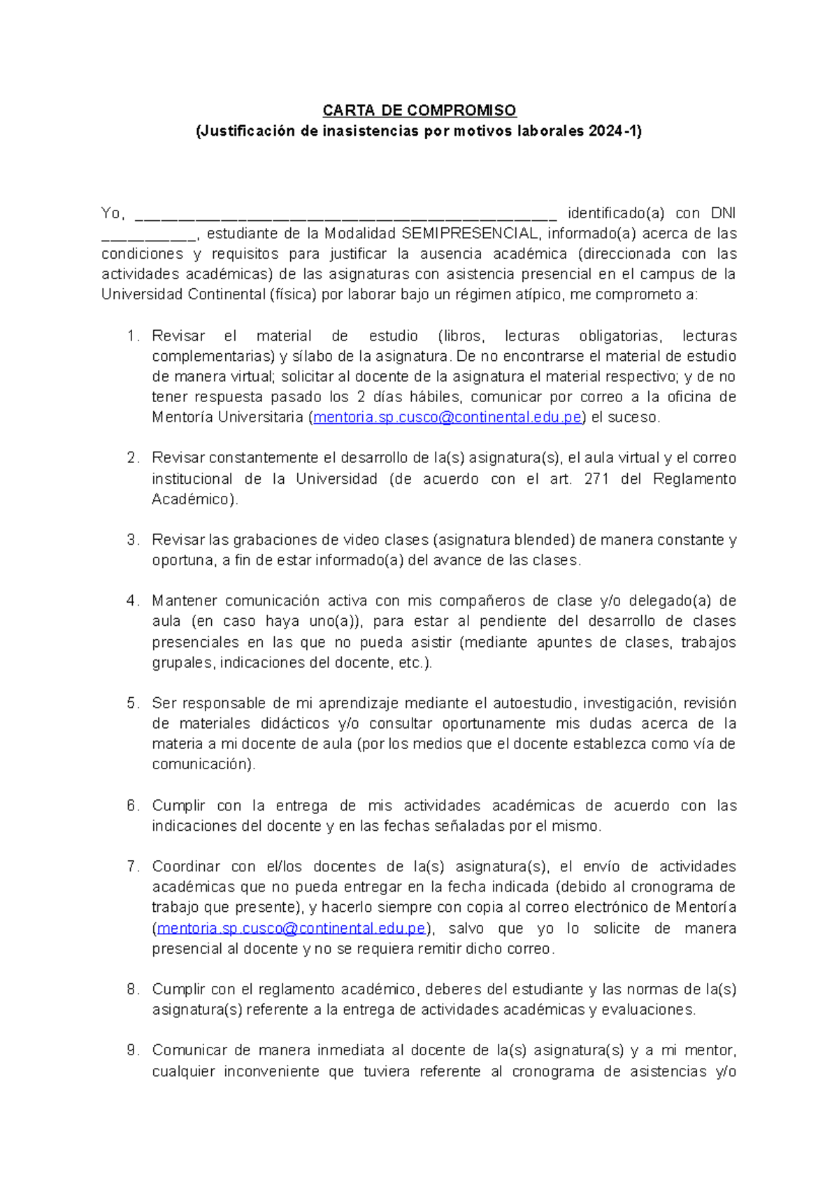 Carta DE Compromiso Formato 2024 Cusco - CARTA DE COMPROMISO ...