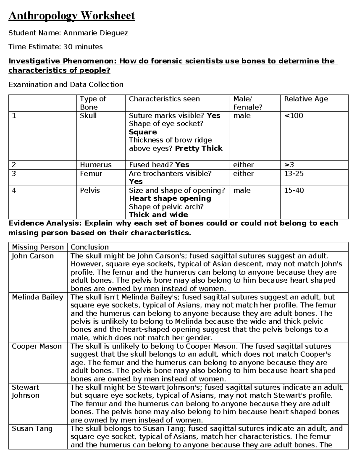 FLVS Forensic Science Anthropology Worksheet - Anthropology Worksheet ...