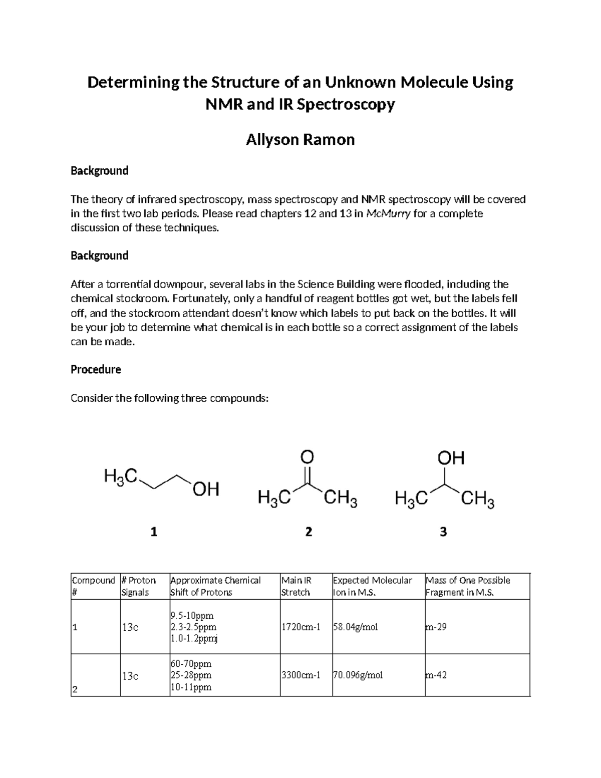 Pre lab 1 - lab - Determining the Structure of an Unknown Molecule Using NMR and IR Spectroscopy ...