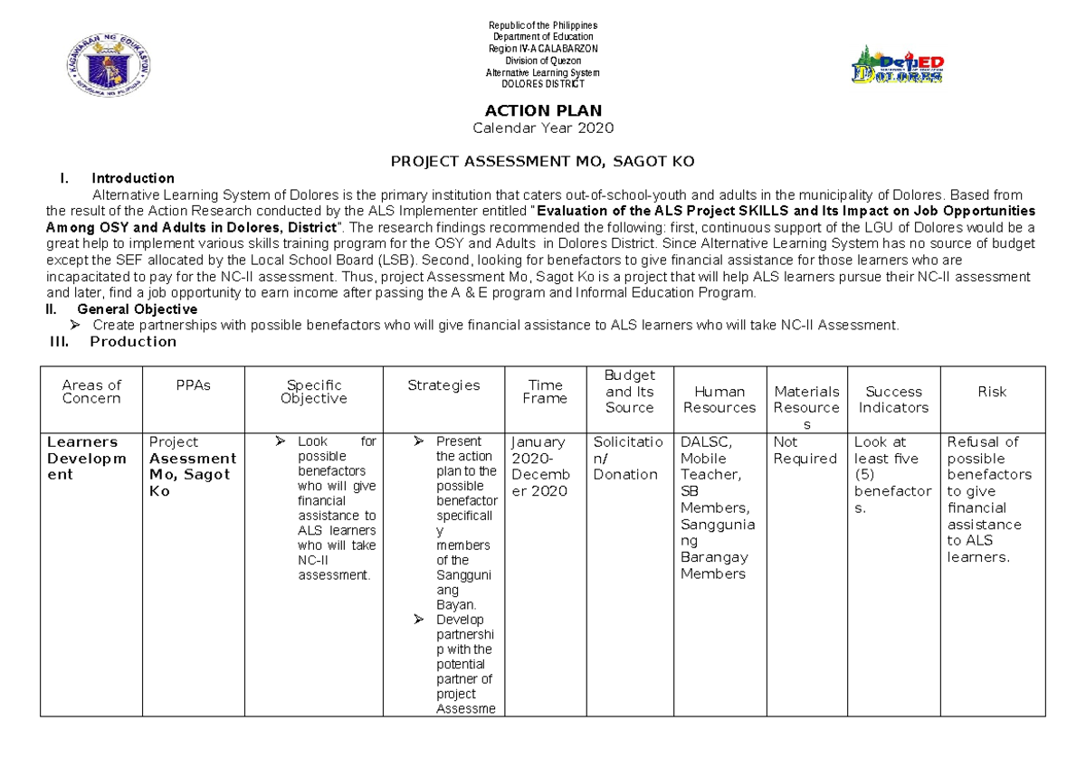 Action-PLAN for Project Assessment Mo, Sagot Ko - Republic of the ...