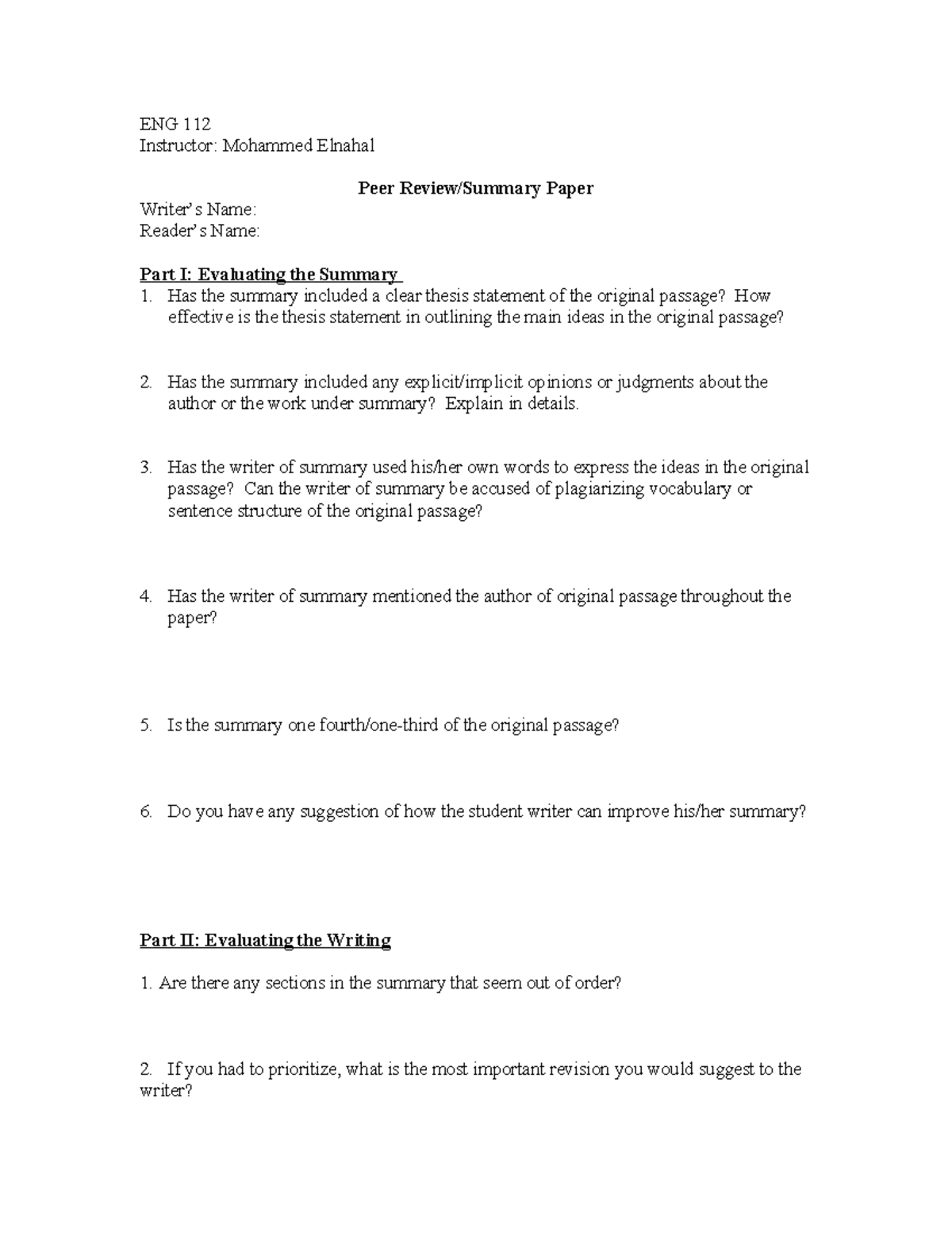 Peer Review for Summary Paper - ENG 112 Instructor: Mohammed Elnahal ...